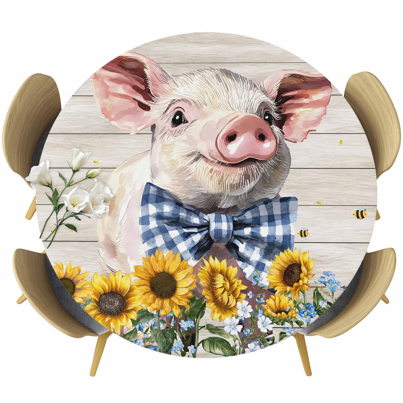 Farms Cute Pigs Round Fitted Tablecloth with Elastic Edge, Sunflower ...