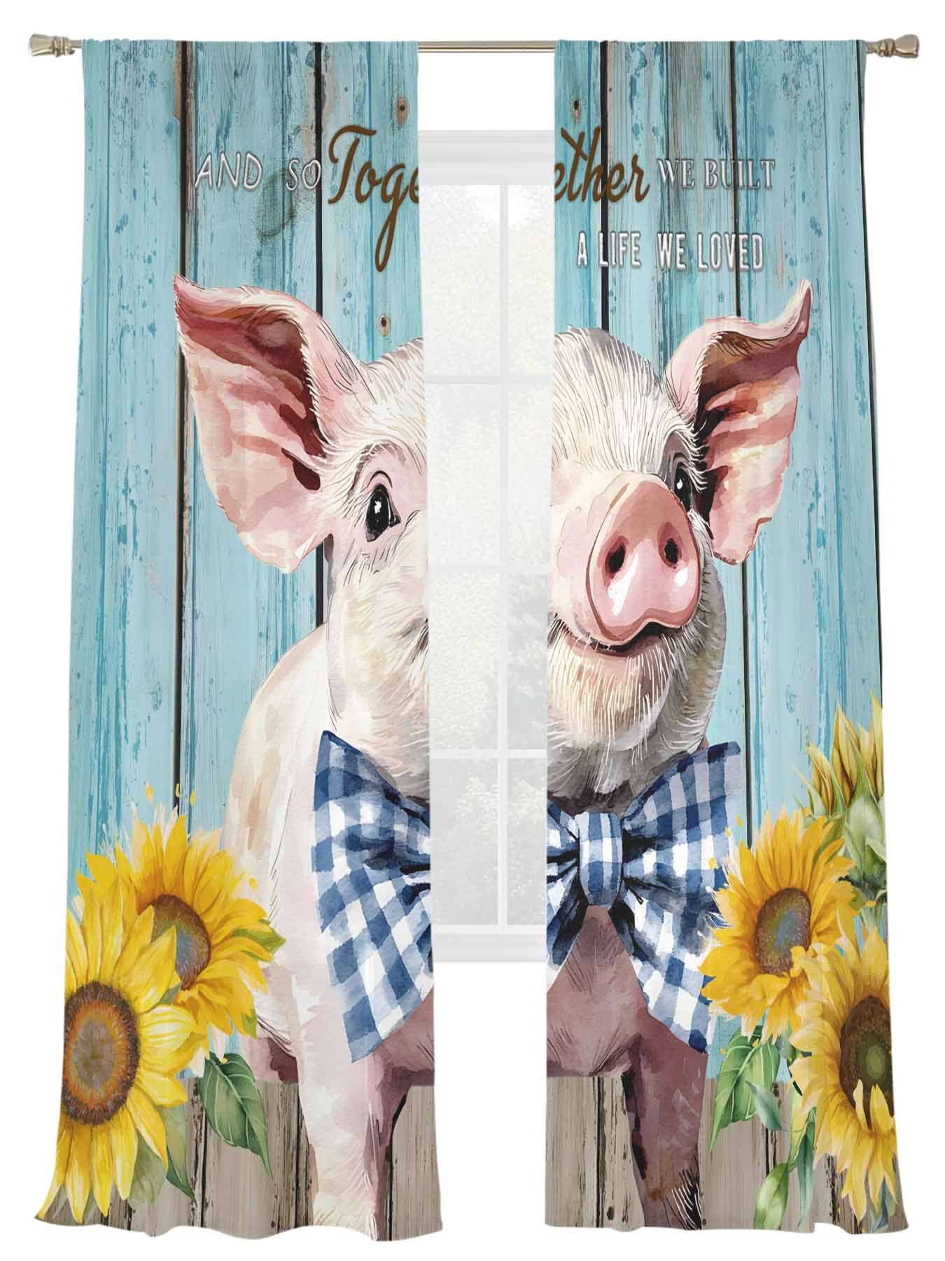 Farms Cute Pigs Sheer Curtains 96 Inch Long 2 Panels, Sunflower Blue ...