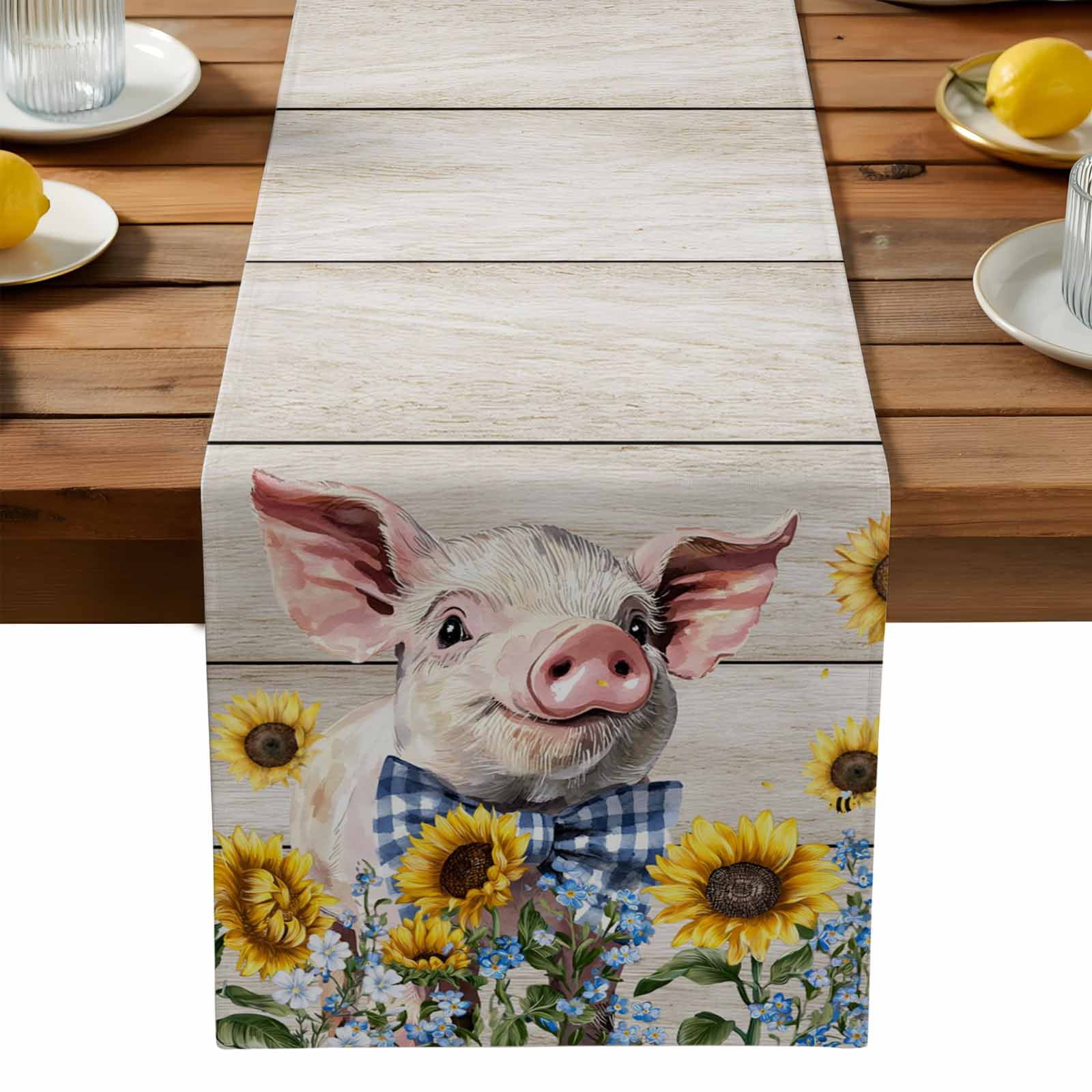 Farms Cute Pigs Table Runner, Sunflower Beige Wood Striped Oil Painting ...