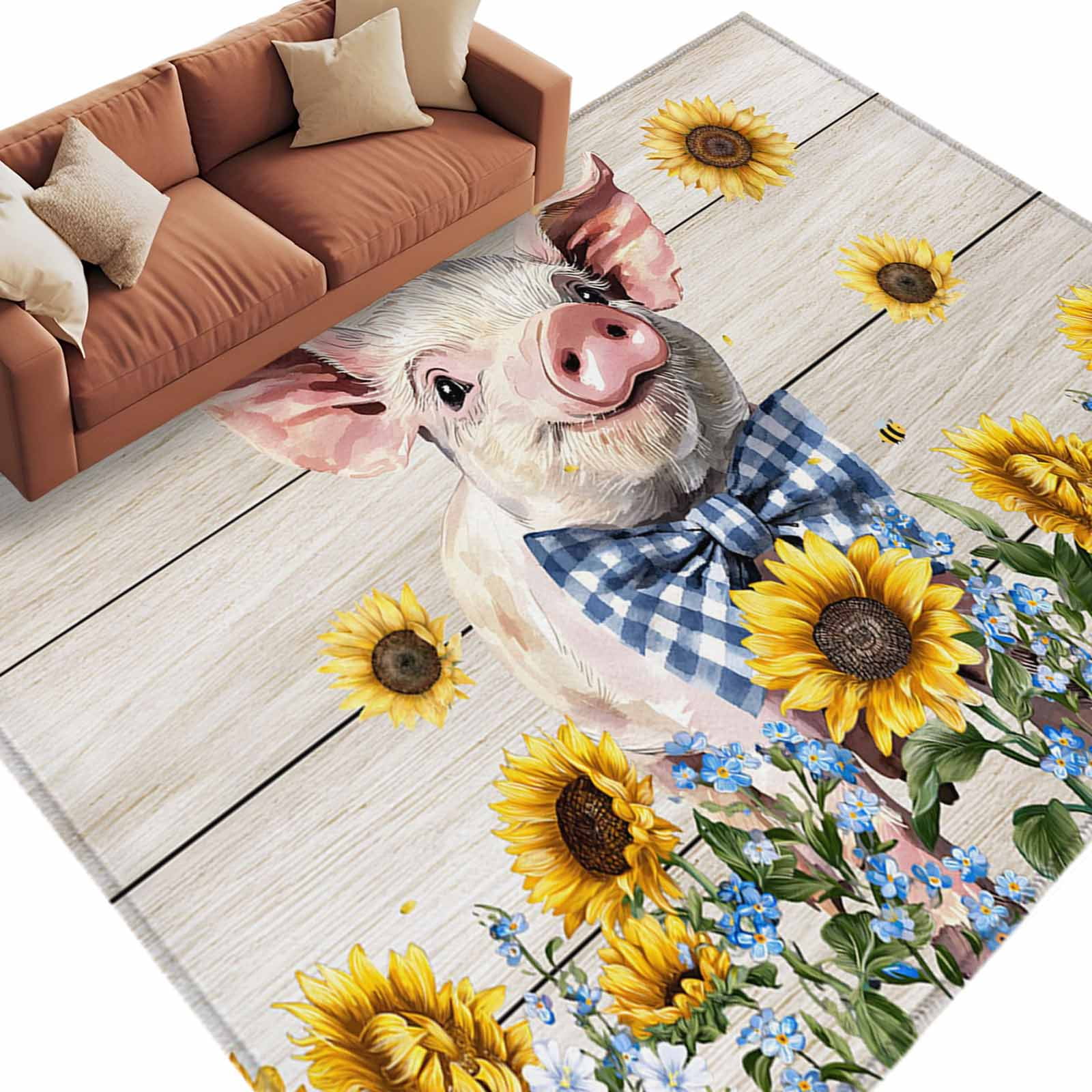 Farms Cute Pigs Washable Area Rug 5 x 7 ft Sunflower Beige Wood Striped ...