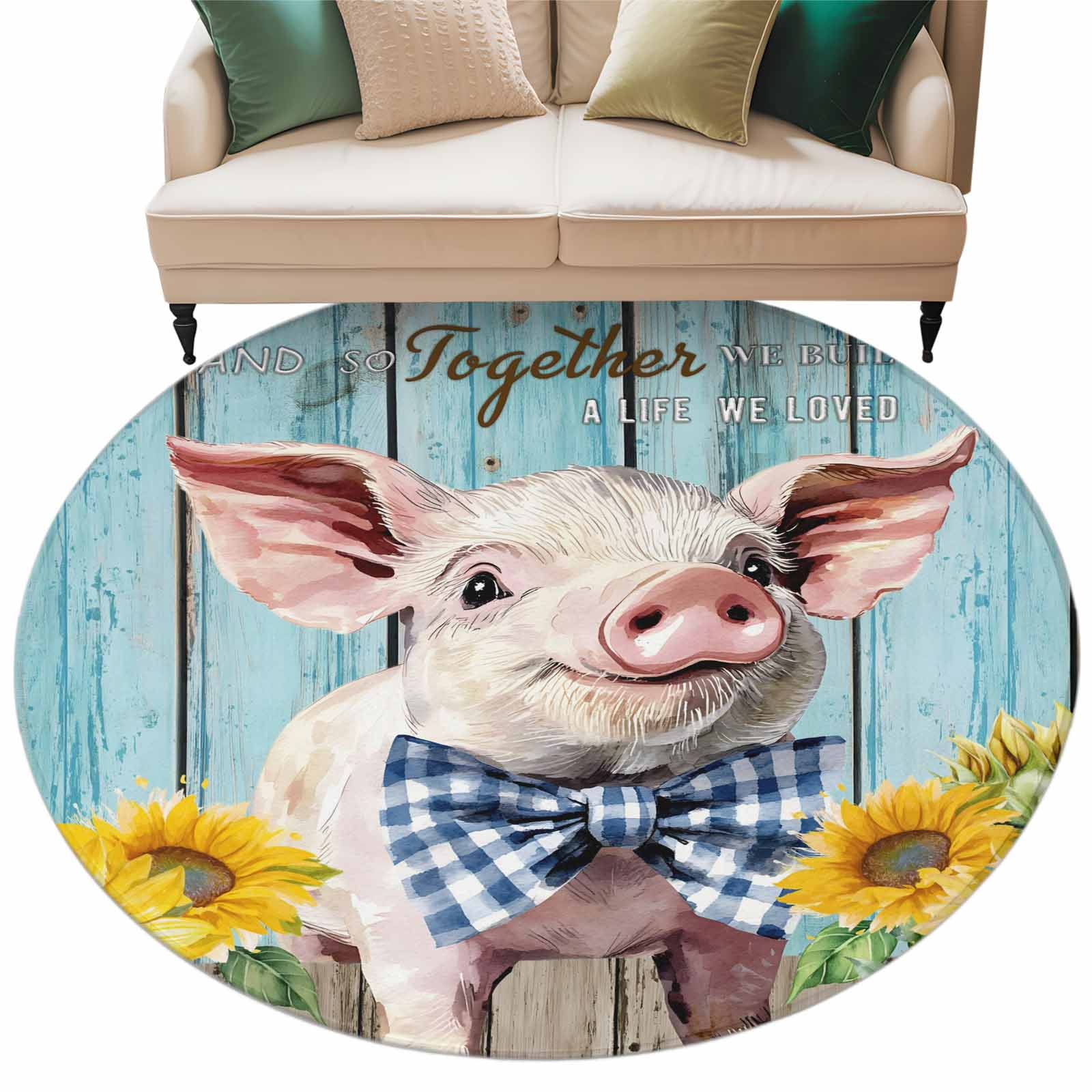 Farms Cute Pigs Washable Round Area Rug 6 ft, Sunflower Blue Wood ...