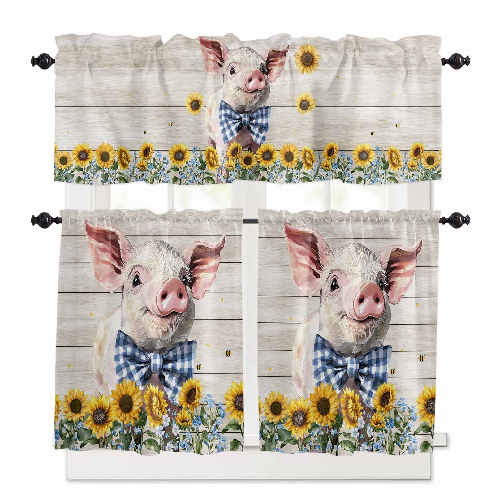 Farms Cute Pigs Window Curtains Valance Set of 3 Sunflower Beige Wood ...