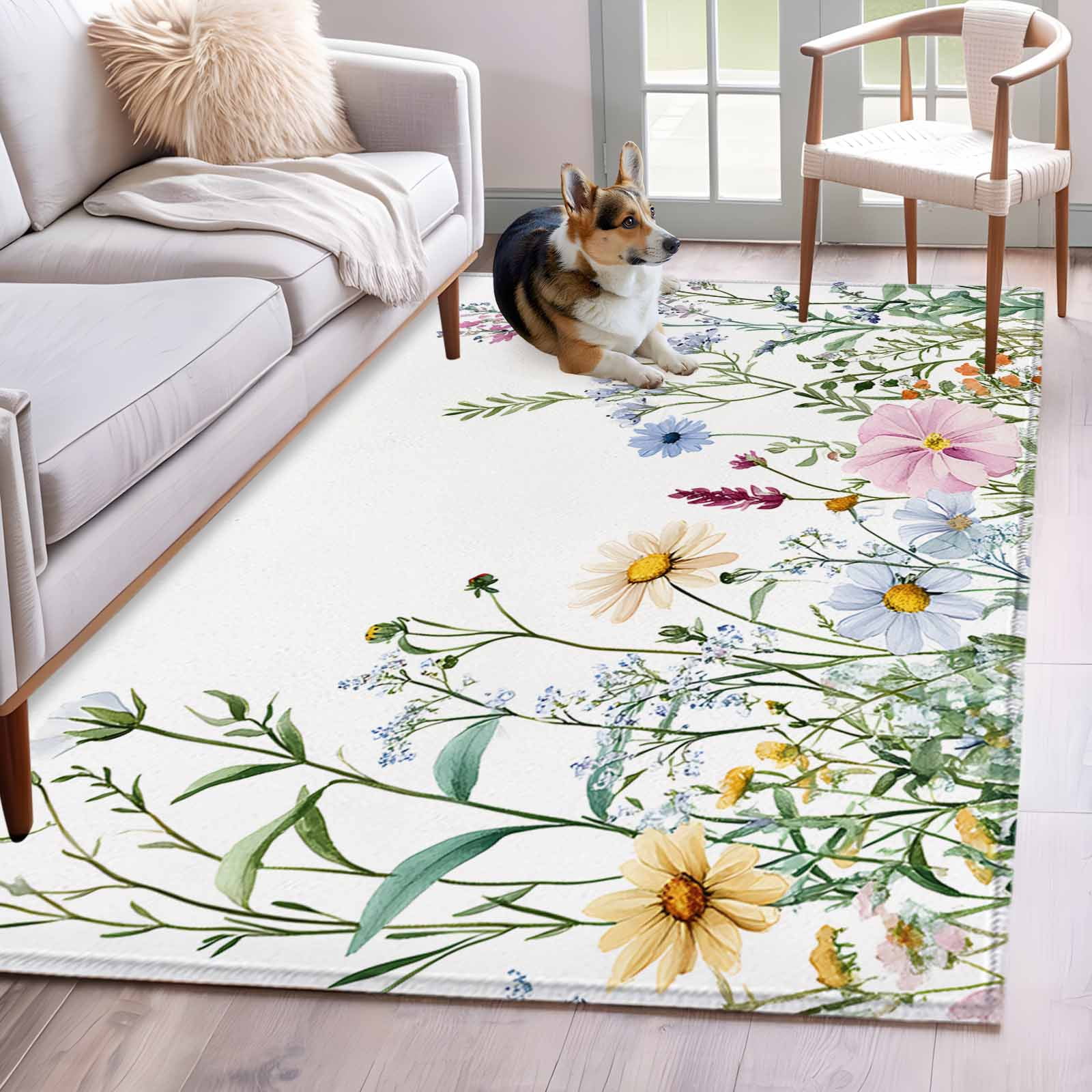 Farms Wildflowers Area Rugs 4x6 ft Herbs Countryside Watercolor Floral ...