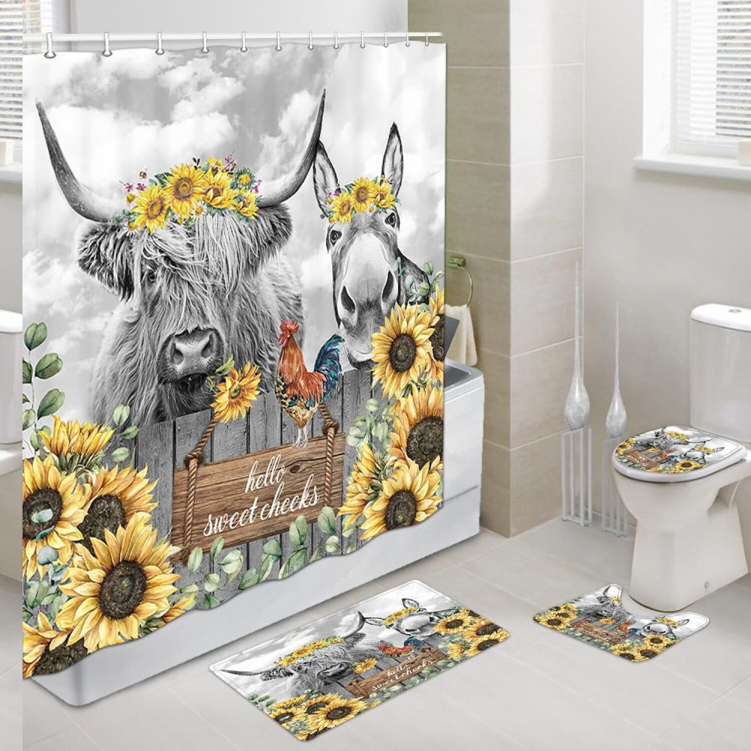 Farmyard Friends Bathroom Set: Highland Cow & Donkey Shower Curtain ...