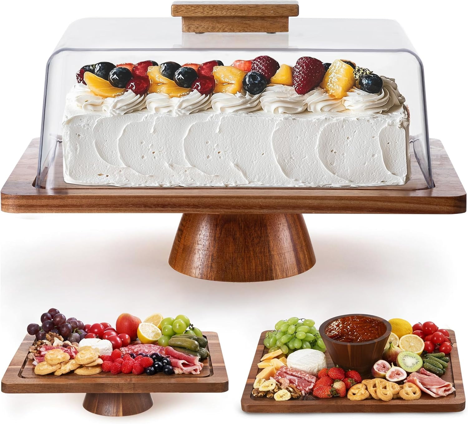 Farmyards Rectangular Acacia Wood Cake Display Stand with Acrylic Dome ...