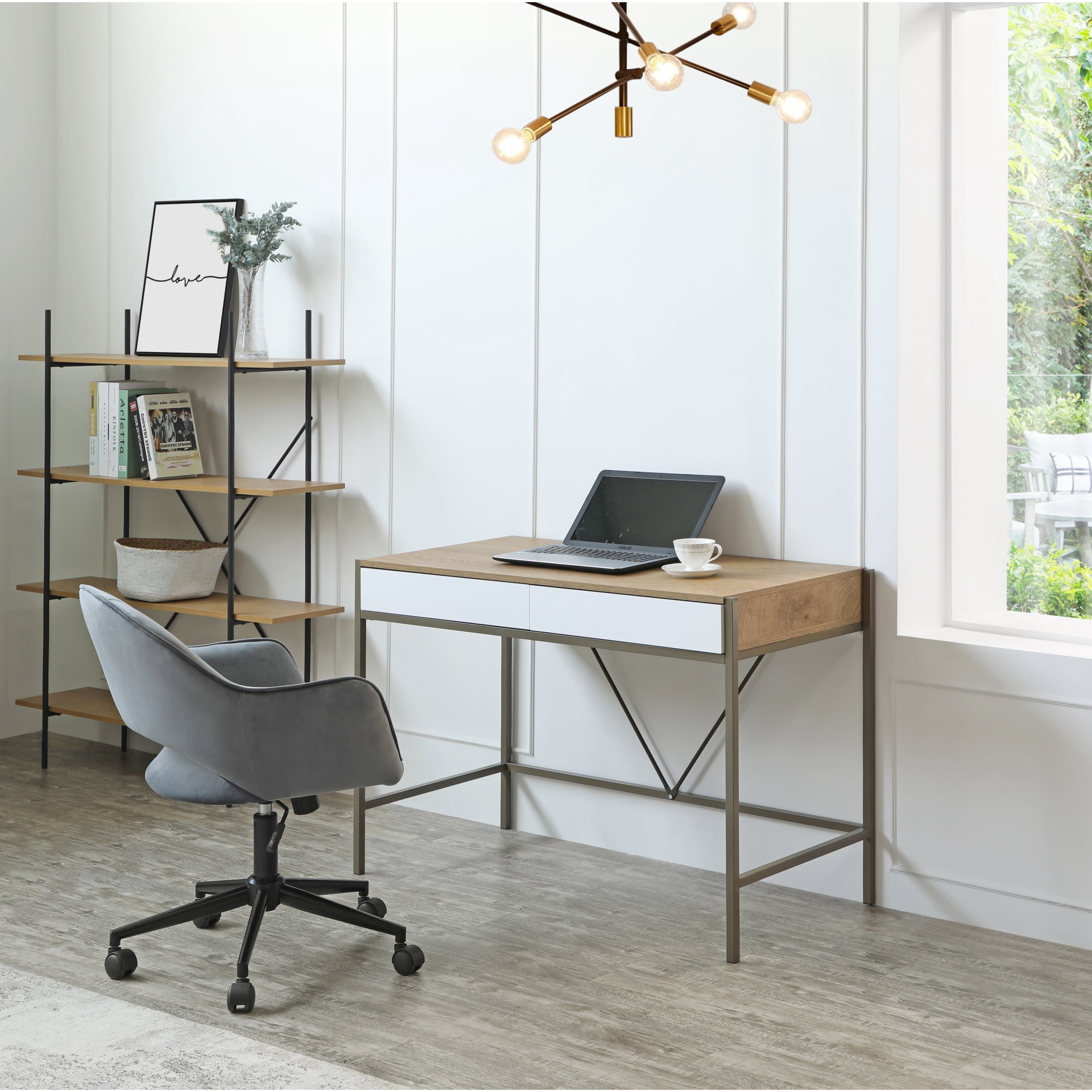 Farrah Rectangular MDF Desk with 2 Storage Drawers, Natural/Bronze ...