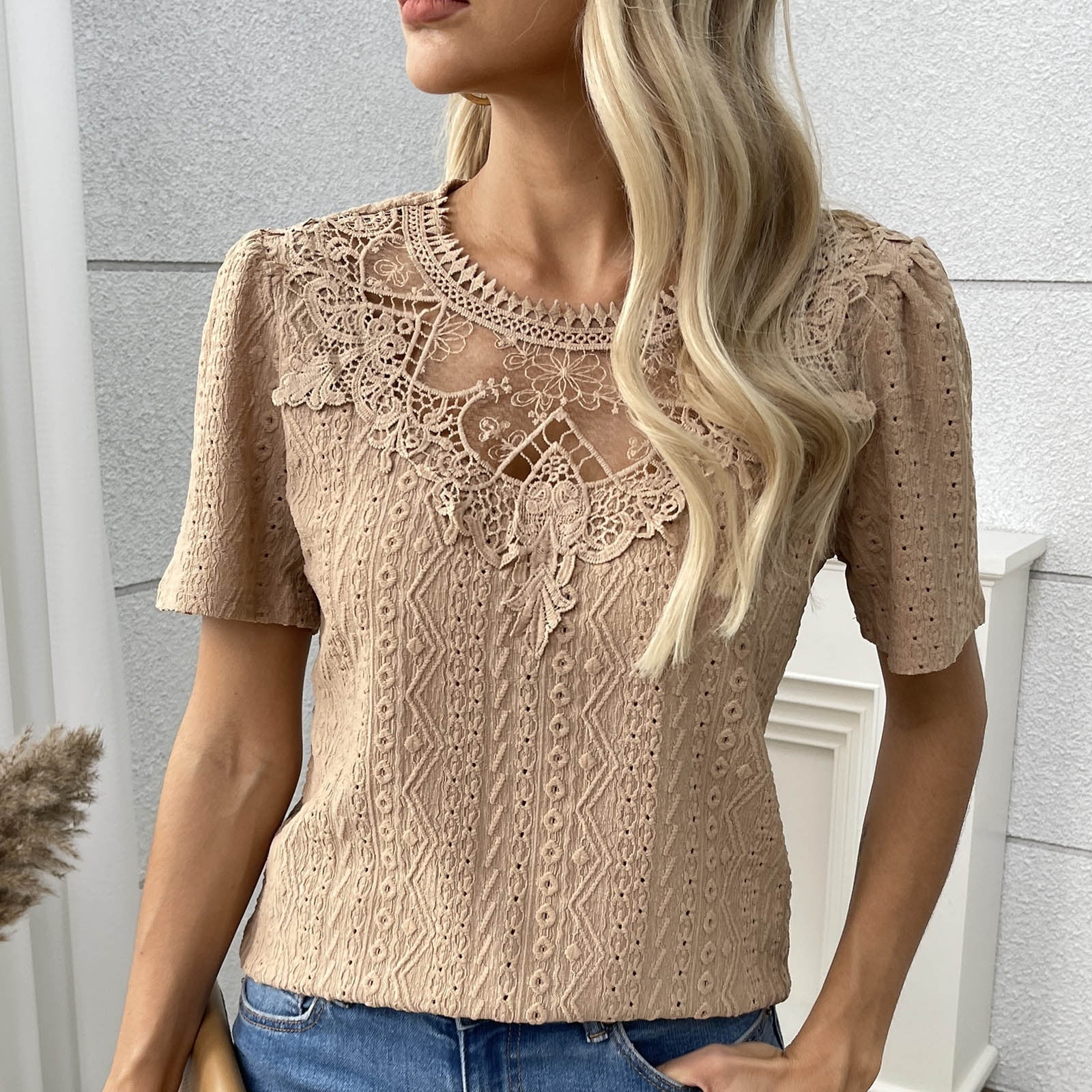 Fartey 2025 Women Lace Tops Fashion Elegant Eyelet Embroidery Crew Neck ...