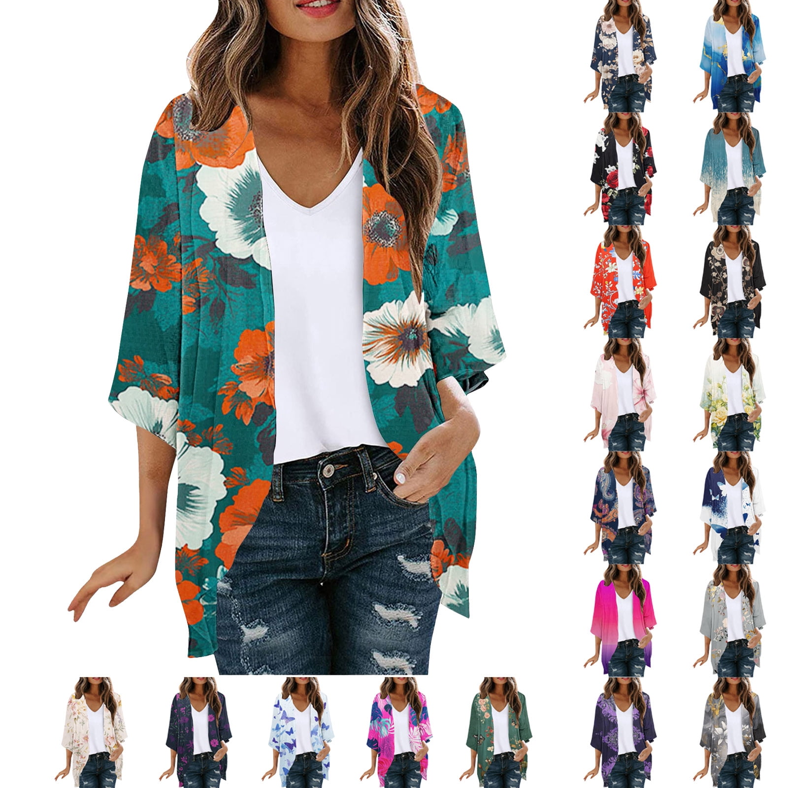 Fartey Beach Cover Ups for Women 3/4 Sleeve Chiffon Open Front Cute ...