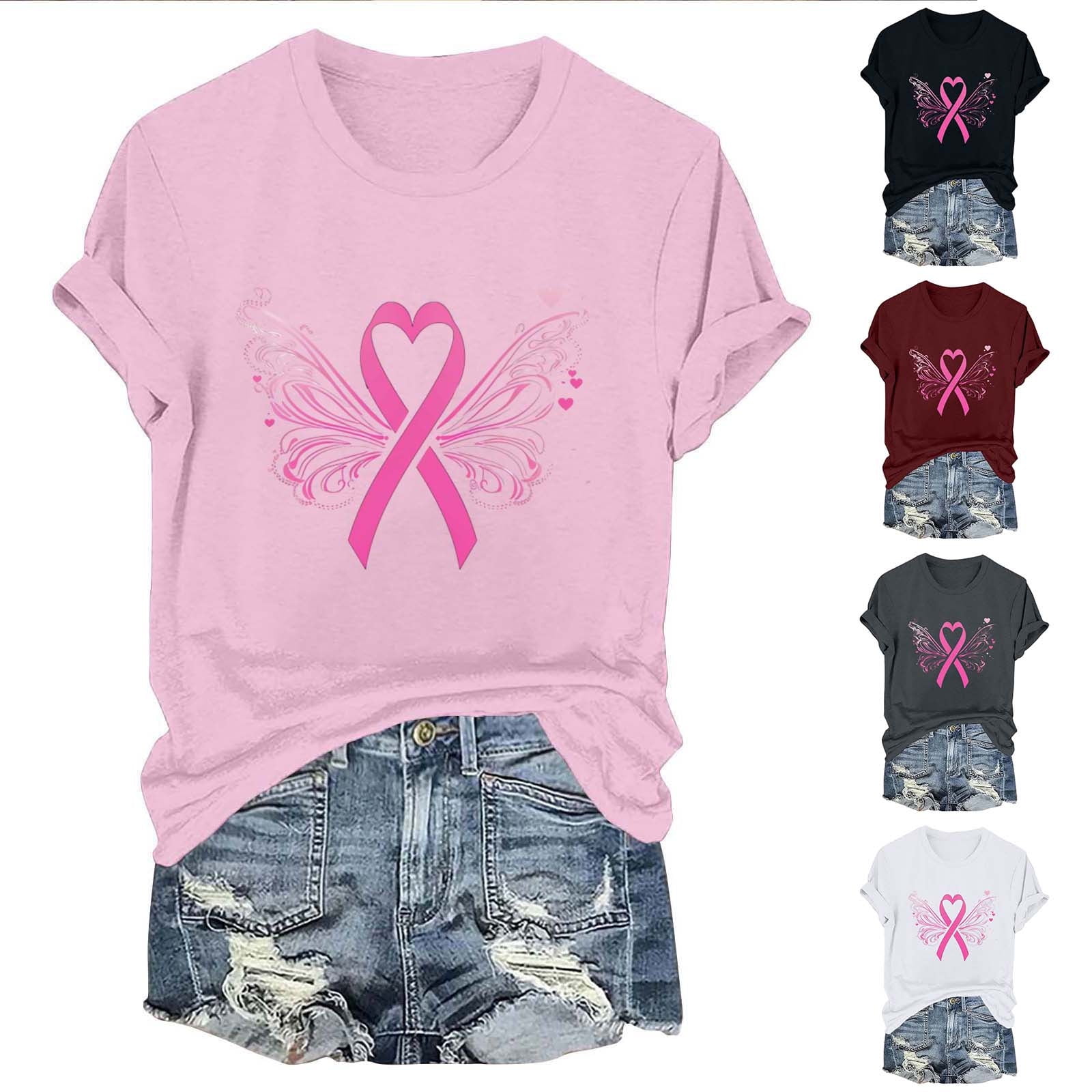 Fartey Breast Cancer Graphic Tees for Women Cute Pink Ribbon Print T ...