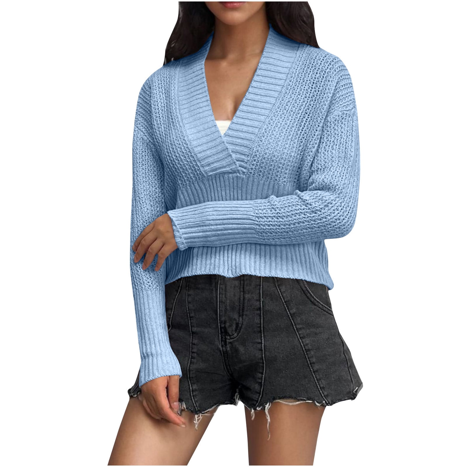 Fartey Cropped Sweaters for Women Deep V Neck Long Sleeve Ribbed Knit ...