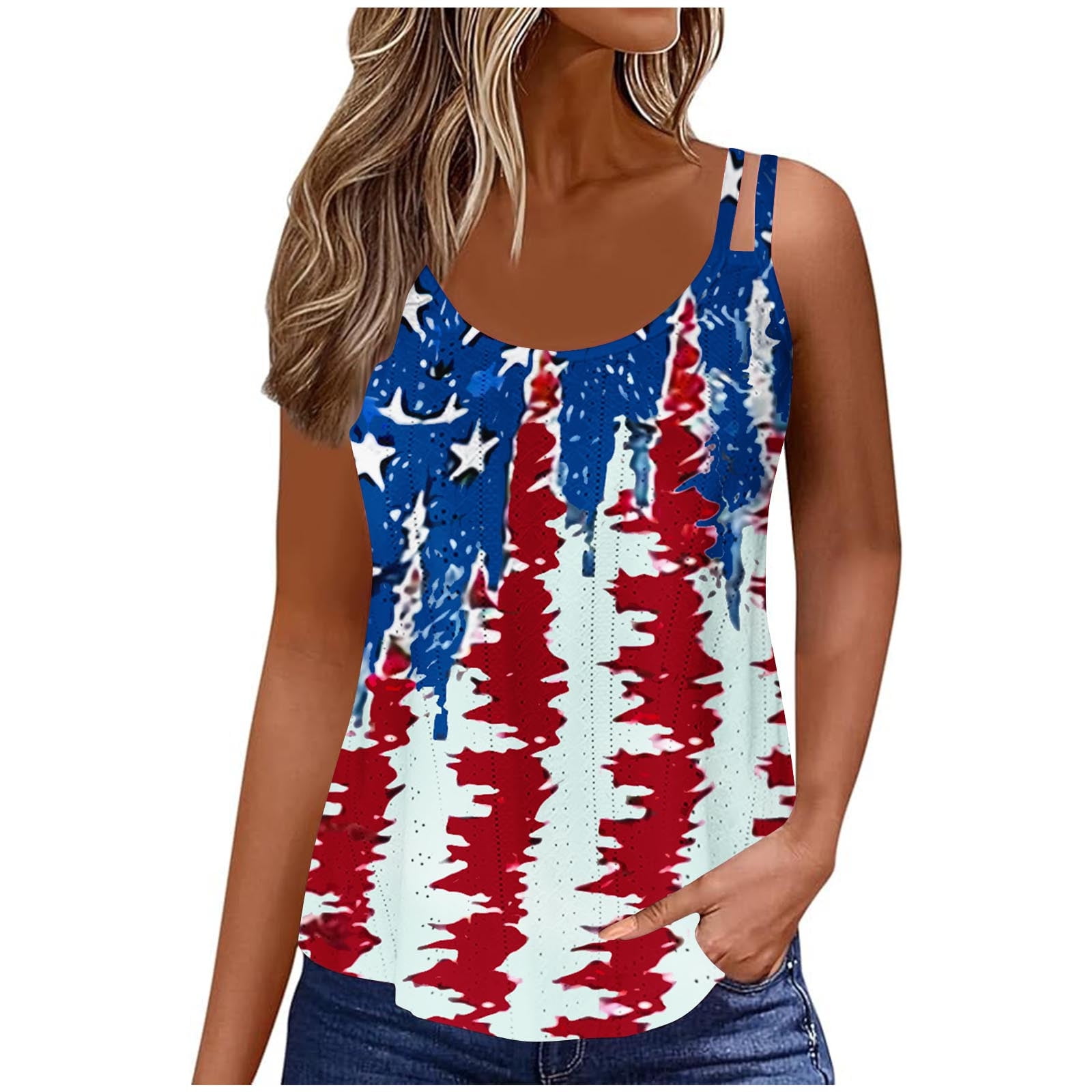 Fartey Eyelet Tank Tops for Women 4th of July Summer Sleeveless Shirts Spaghetti Strap Scoop ...
