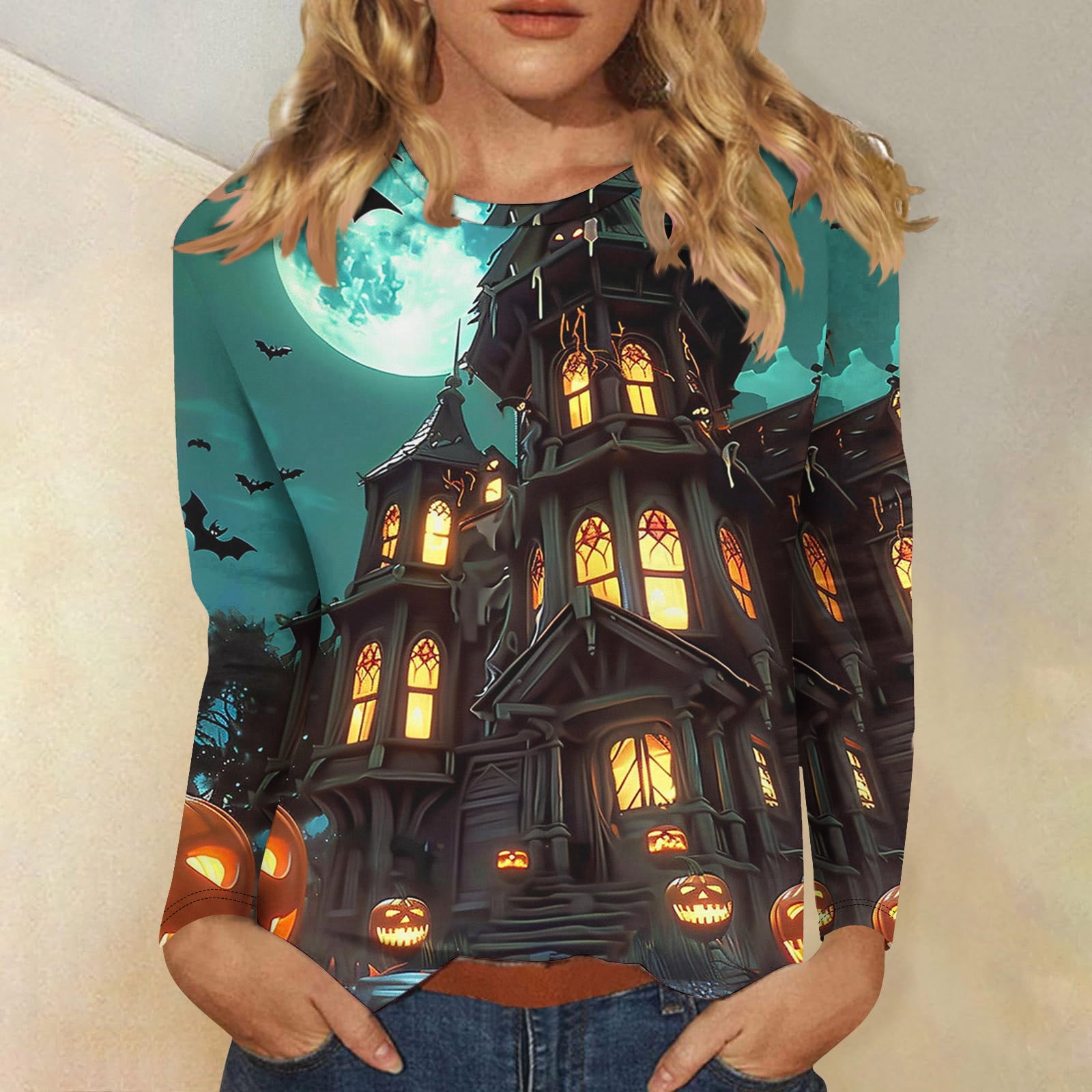 Fartey Halloween Shirts for Women 2025 Slim Fit Long Sleeve Tops Horror ...