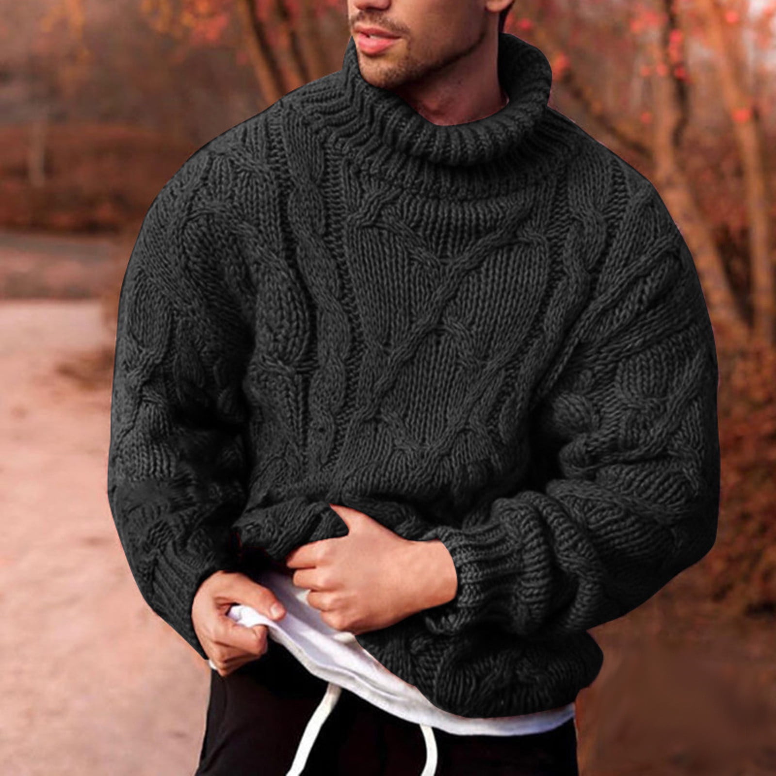Fartey Men's Turtleneck Sweater Cable Knitted Pullover Loose Fit Long ...