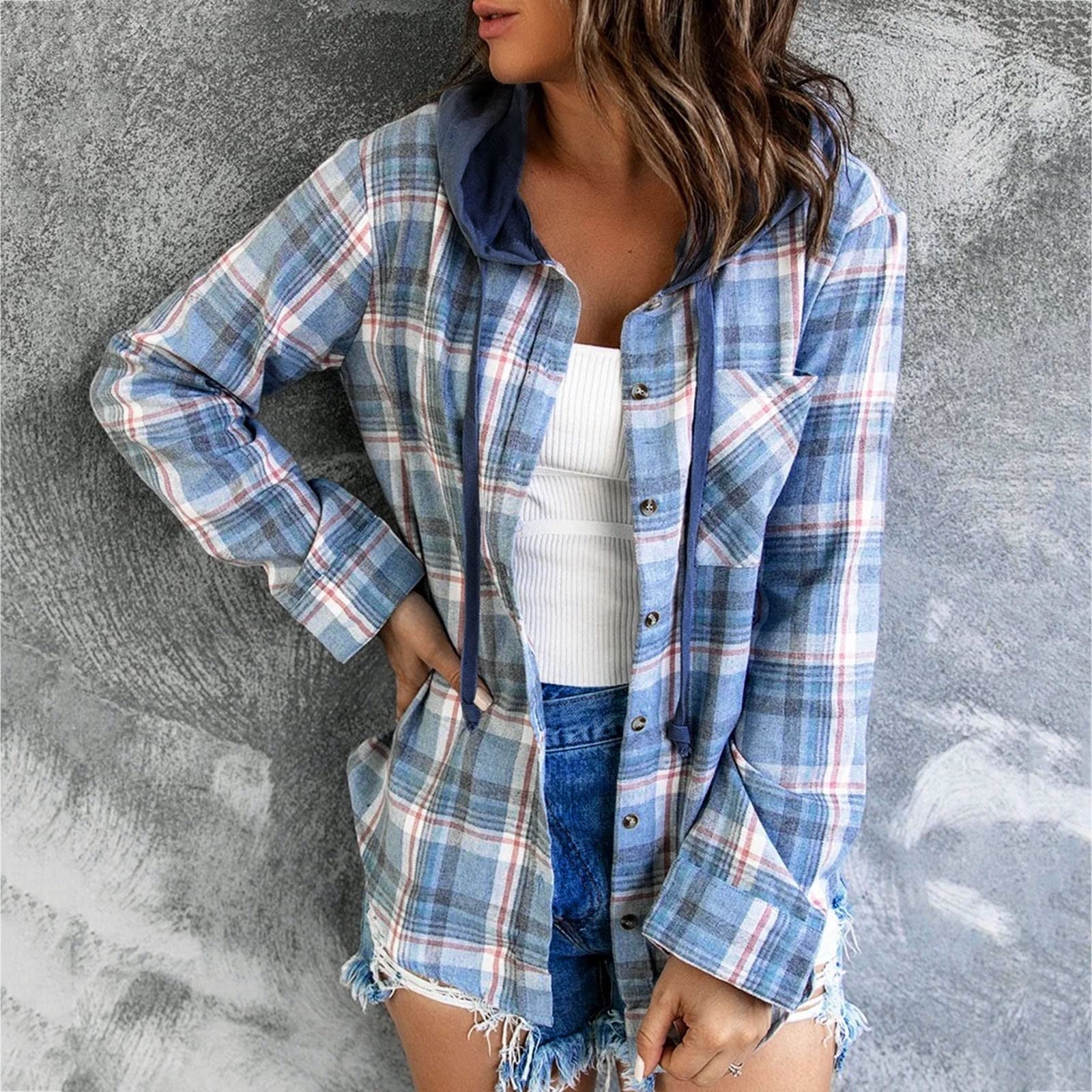 Fartey Plaid Jackets for Women Flannel Hooded Shacket Coats Oversized ...