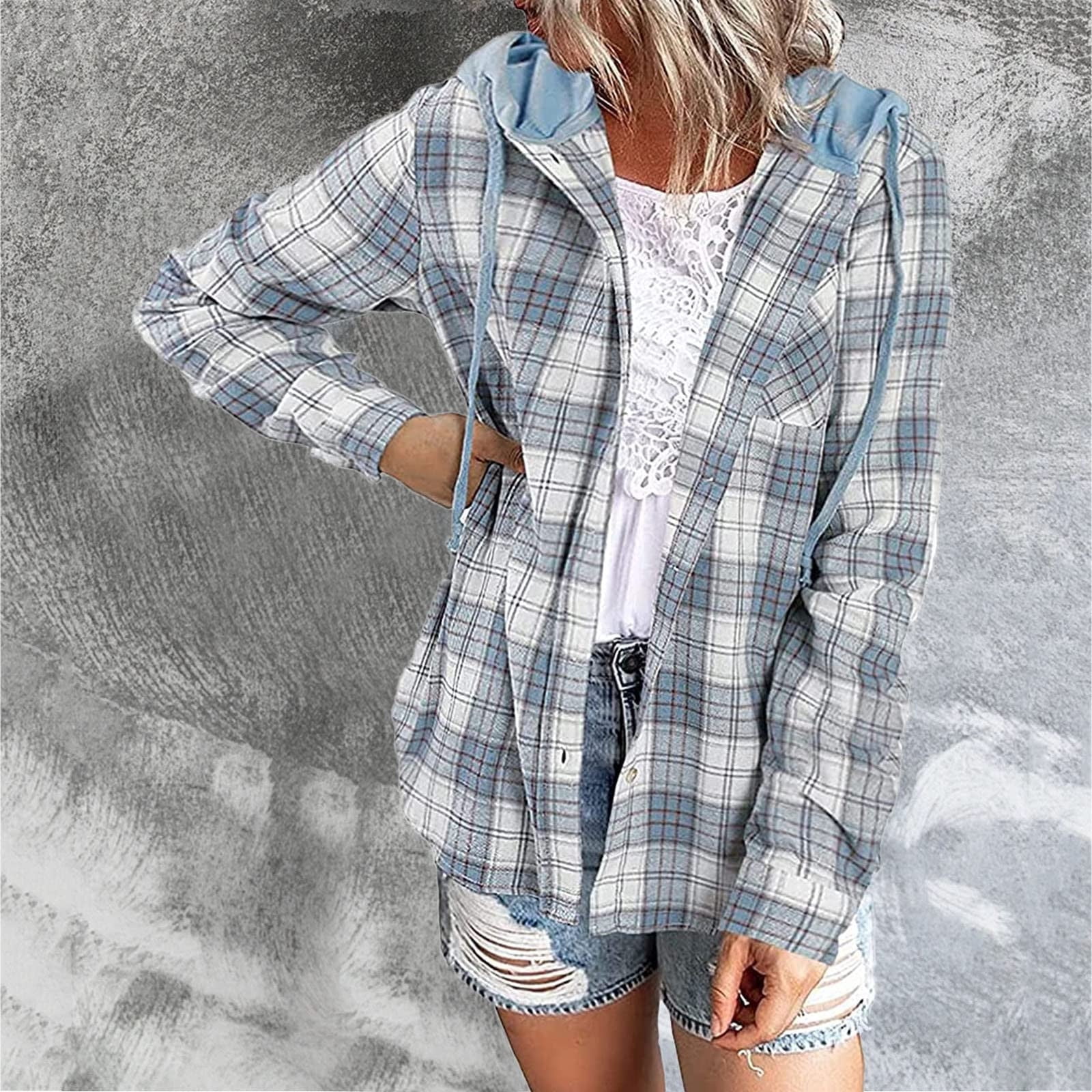 Fartey Plaid Jackets for Women Flannel Hooded Shacket Coats Oversized ...