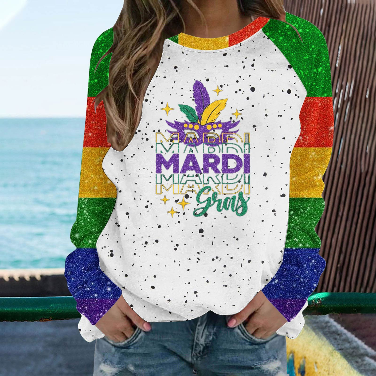 Fartey Plu Size Womens Mardi Gras Crew Neck Pullover Tops Casual Loose ...