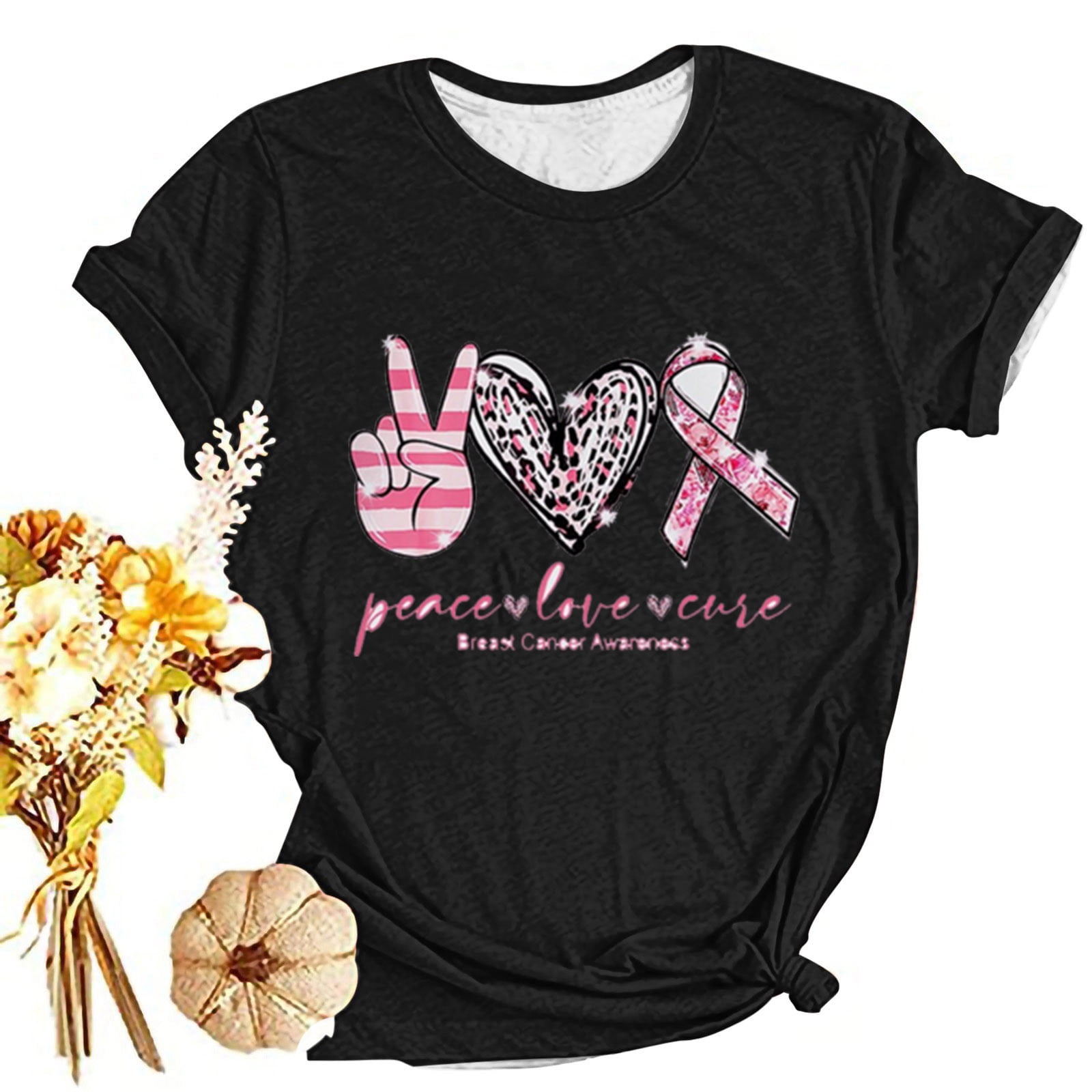 Fartey Plus Size Breast Cancer Awareness Shirts Women Pink Ribbon T-Shirts Cancer Fighter ...