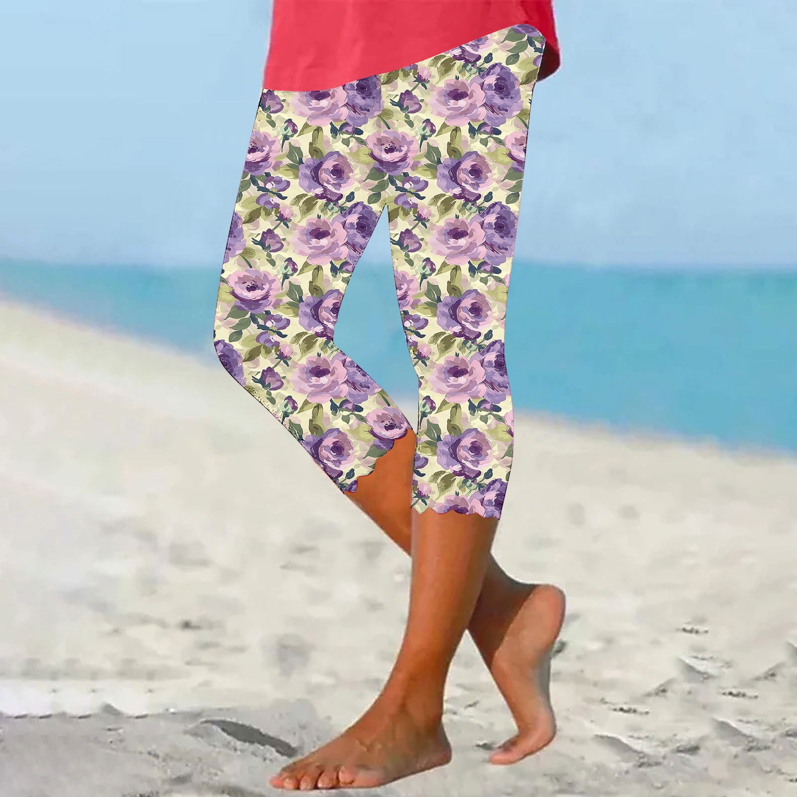 Fartey Plus Size Capri Leggings for Women Vintage Floral Print High ...