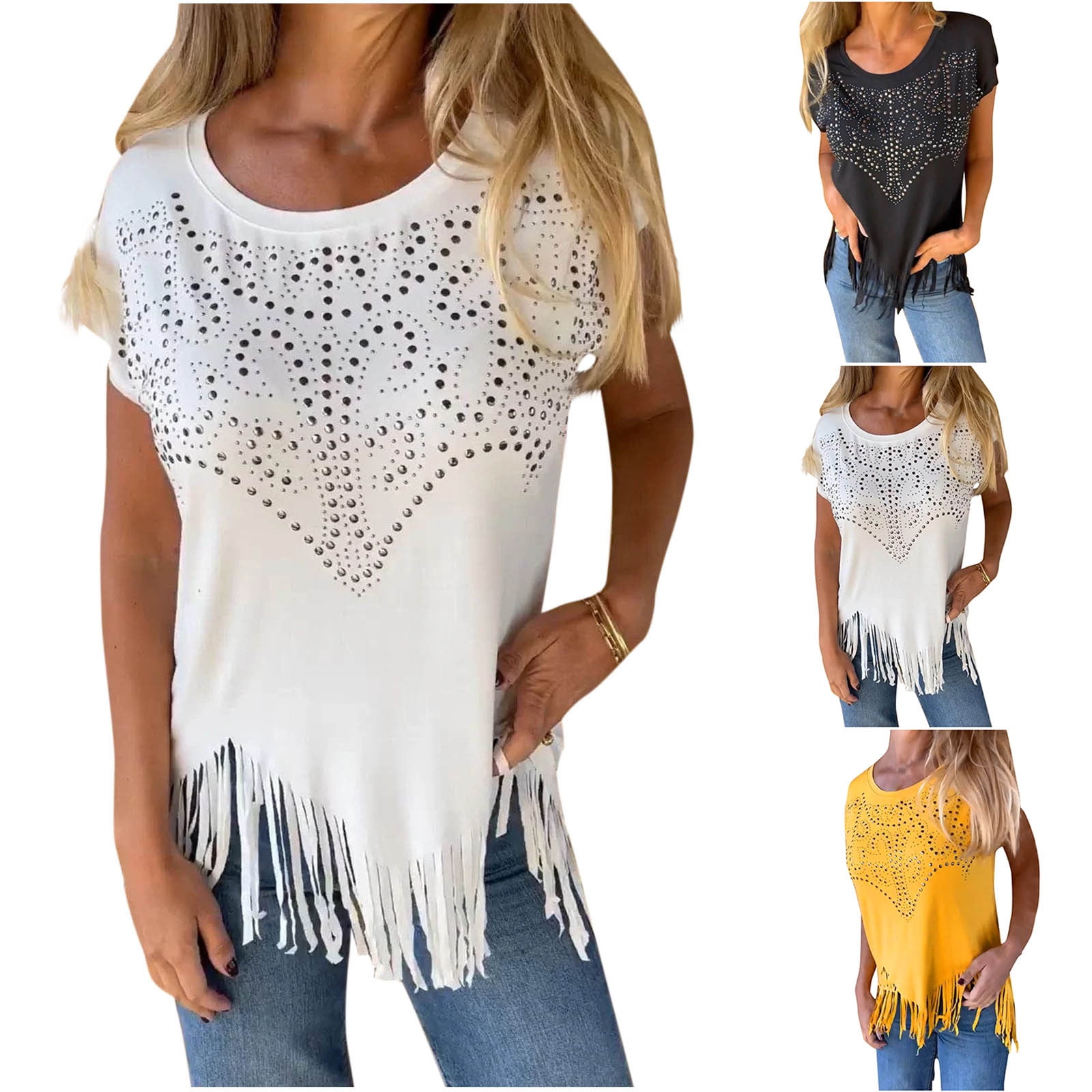 Fartey Plus Size Rhinestones Shirts for Women Casual Short Sleeve ...