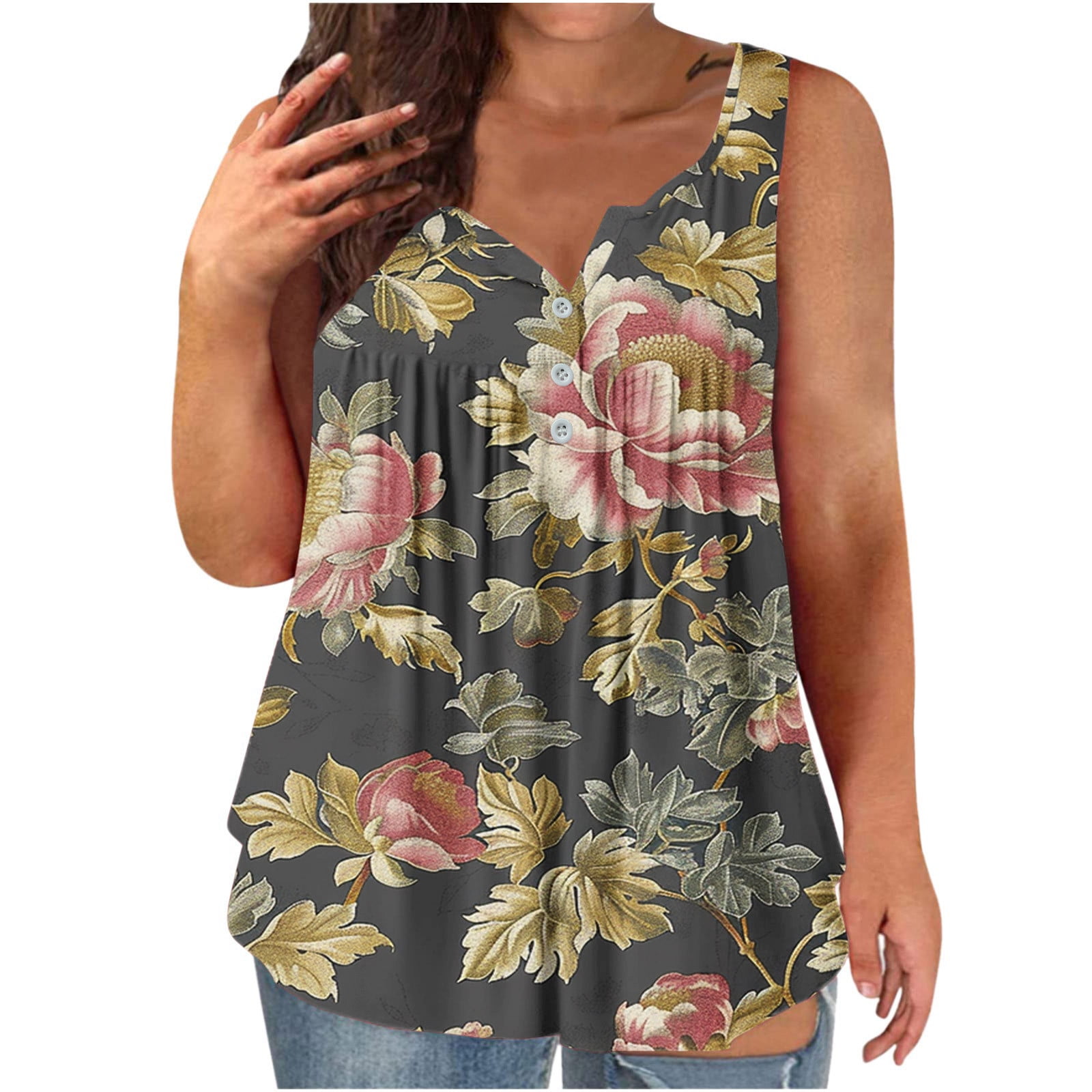 Fartey Plus Size Tank Tops for Women 2025 Summer Sleeveless Shirt Vintage Elegant Floral Print V ...
