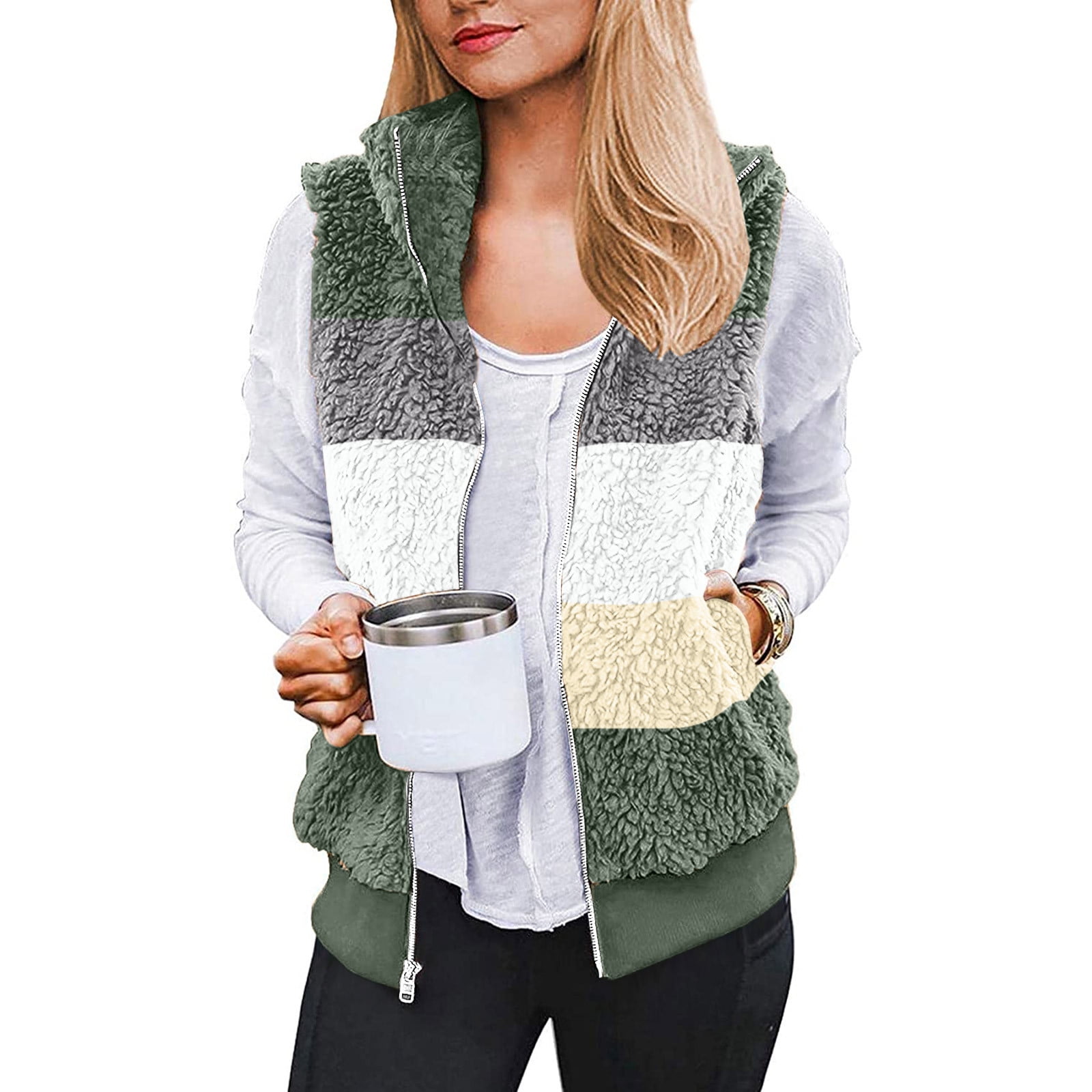 Fartey Plus Size Womens Fleece Vest With Hood Casual Warm Sleeveless