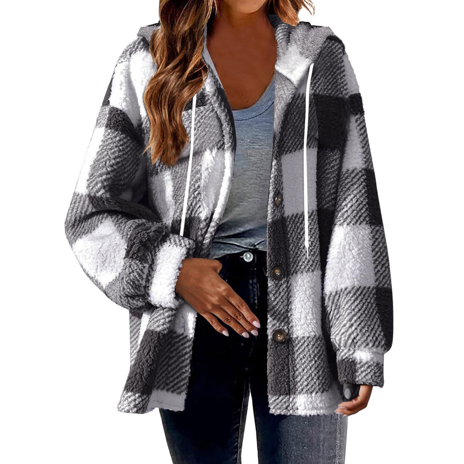 Fartey Plus Size Womens Plaid Fleece Shacket Jacket Oversized Flannel ...