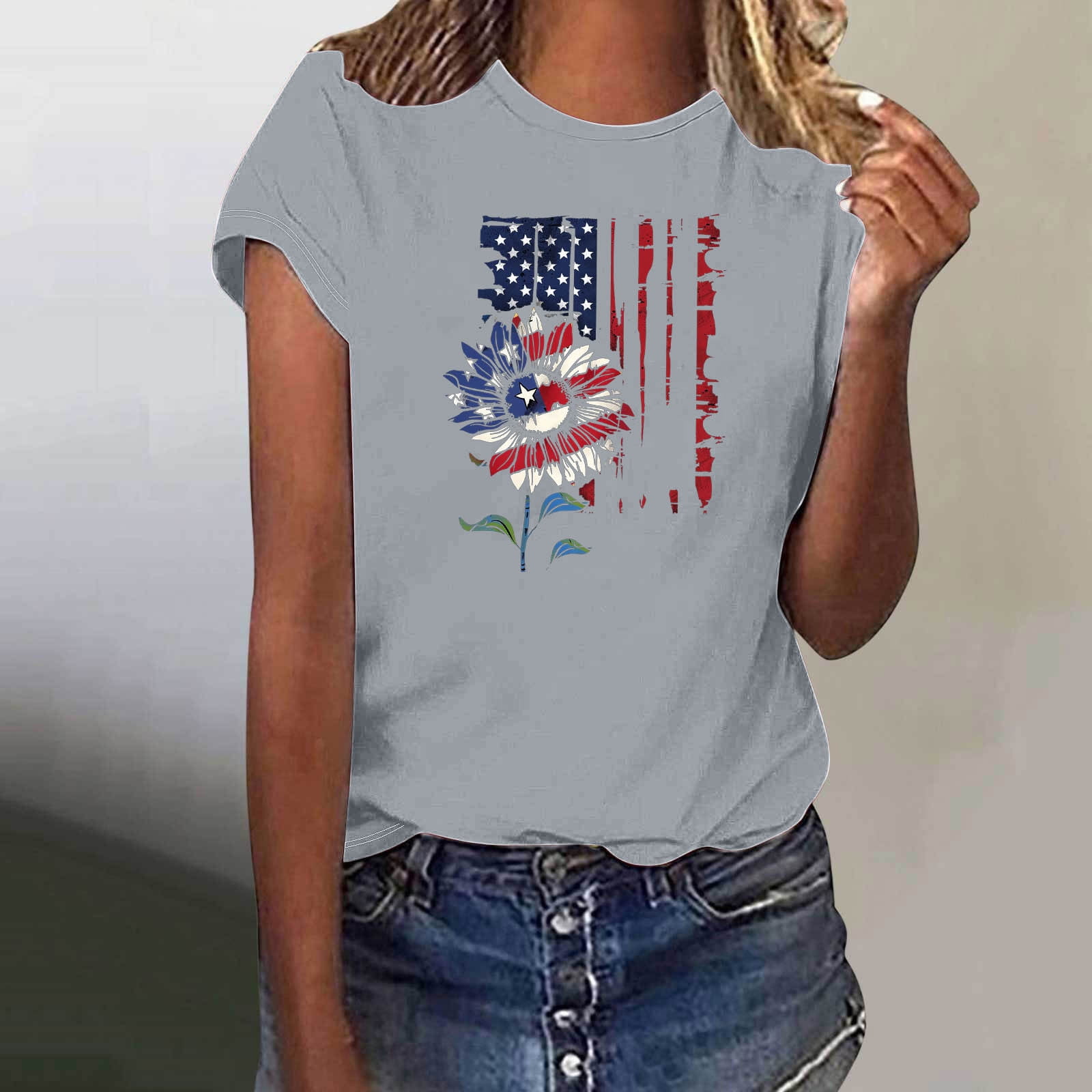 Fartey Red White and Blue Shirts for Women American Flag Sunflower ...
