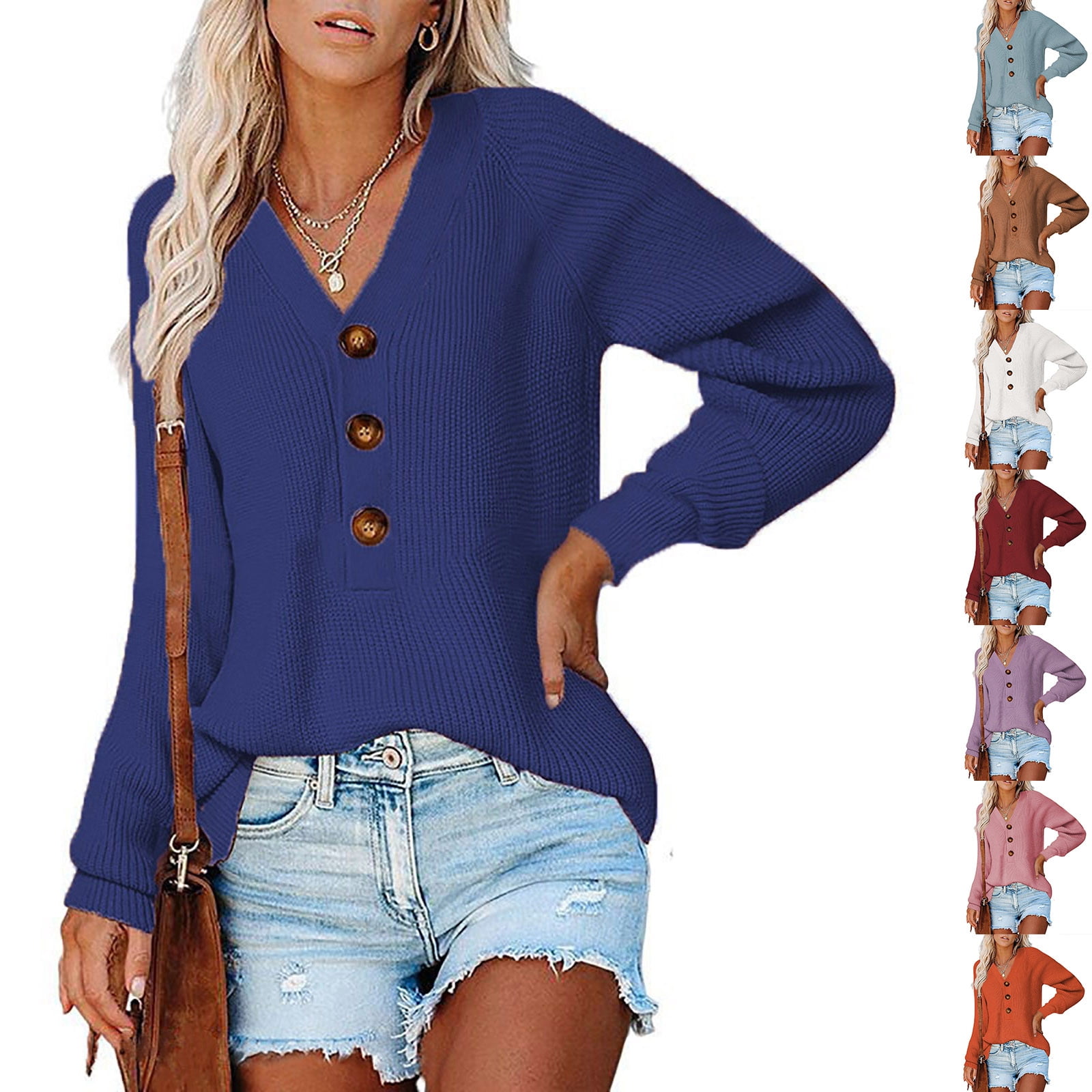 Fartey Ribbed Knit Sweaters for Women Elegant Button V Neck Pullover ...