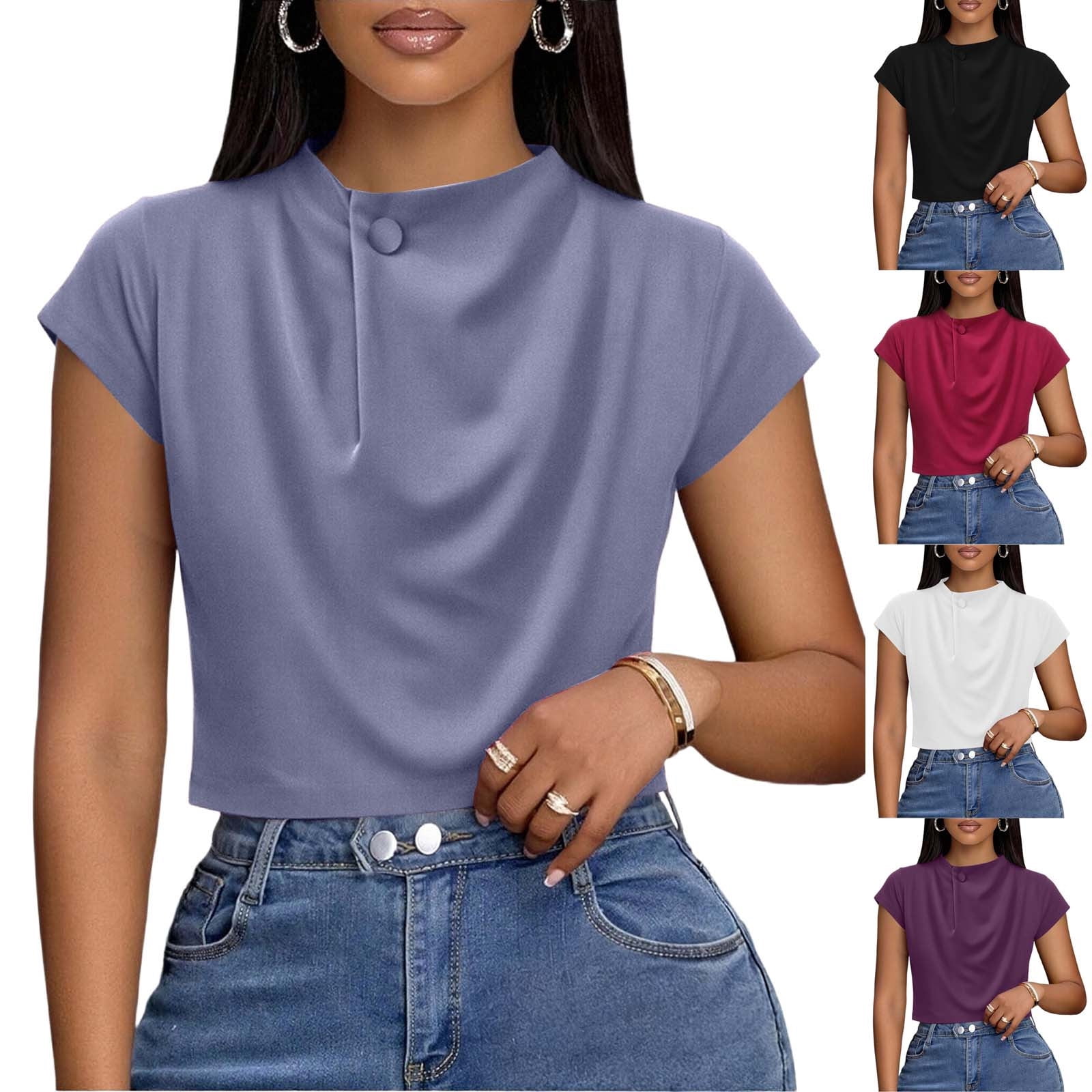 Fartey Short Sleeve Shirts for Women Button Mock Neck Cropped T-Shirt ...