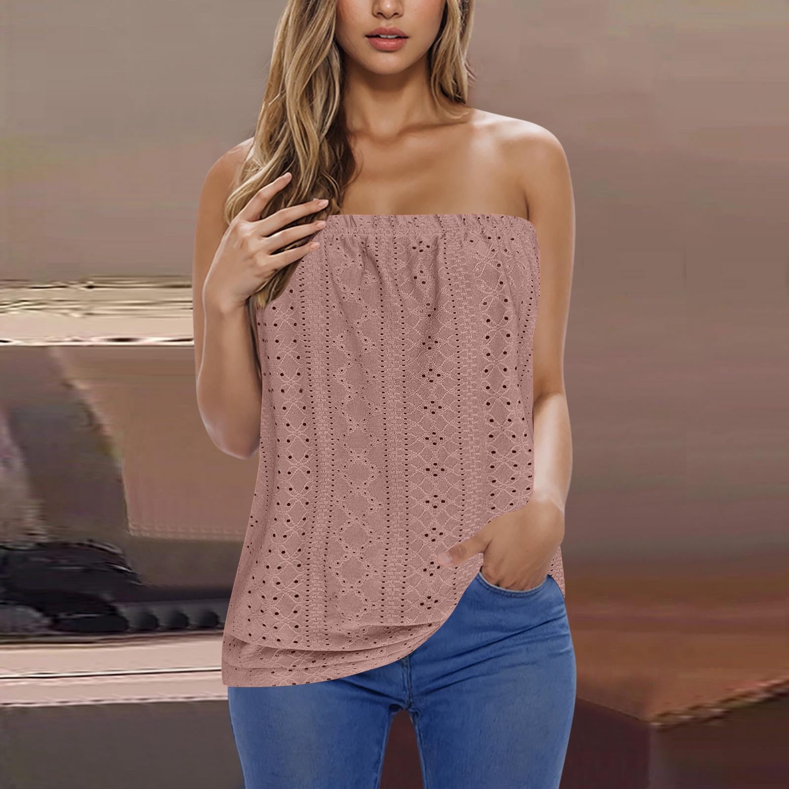 Fartey Strapless Bandeau Tanks for Women Eyelet Embroidery Tube Tops ...