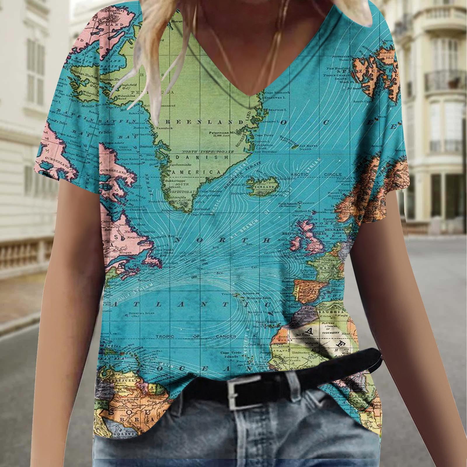 Fartey Summer Tops for Women Trendy V Neck World Map Print Tee Shirts ...