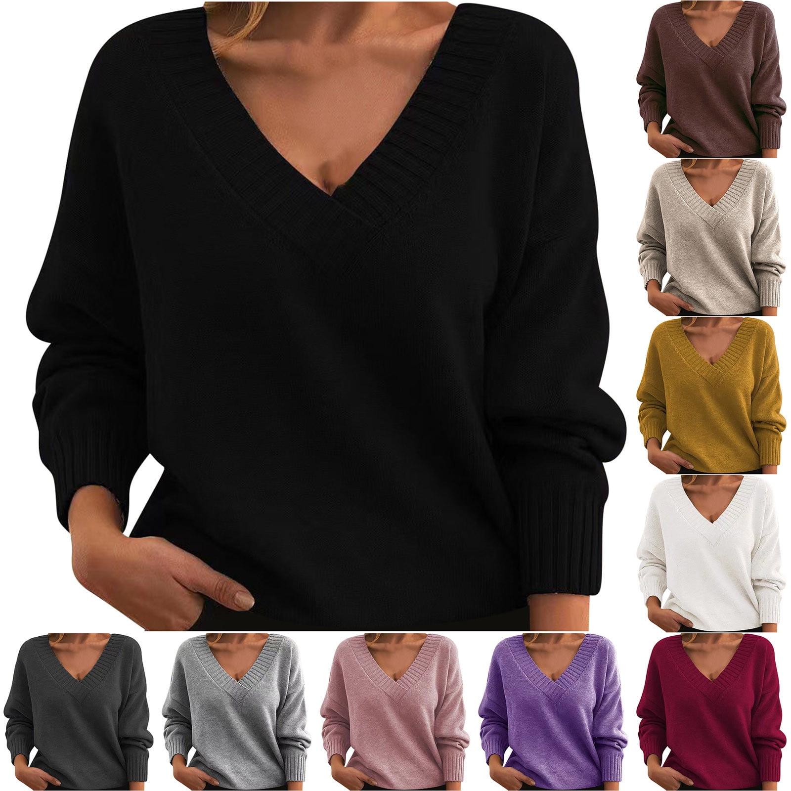 Fartey V Neck Sweaters for Women Oversized Solid Color Long Sleeve ...