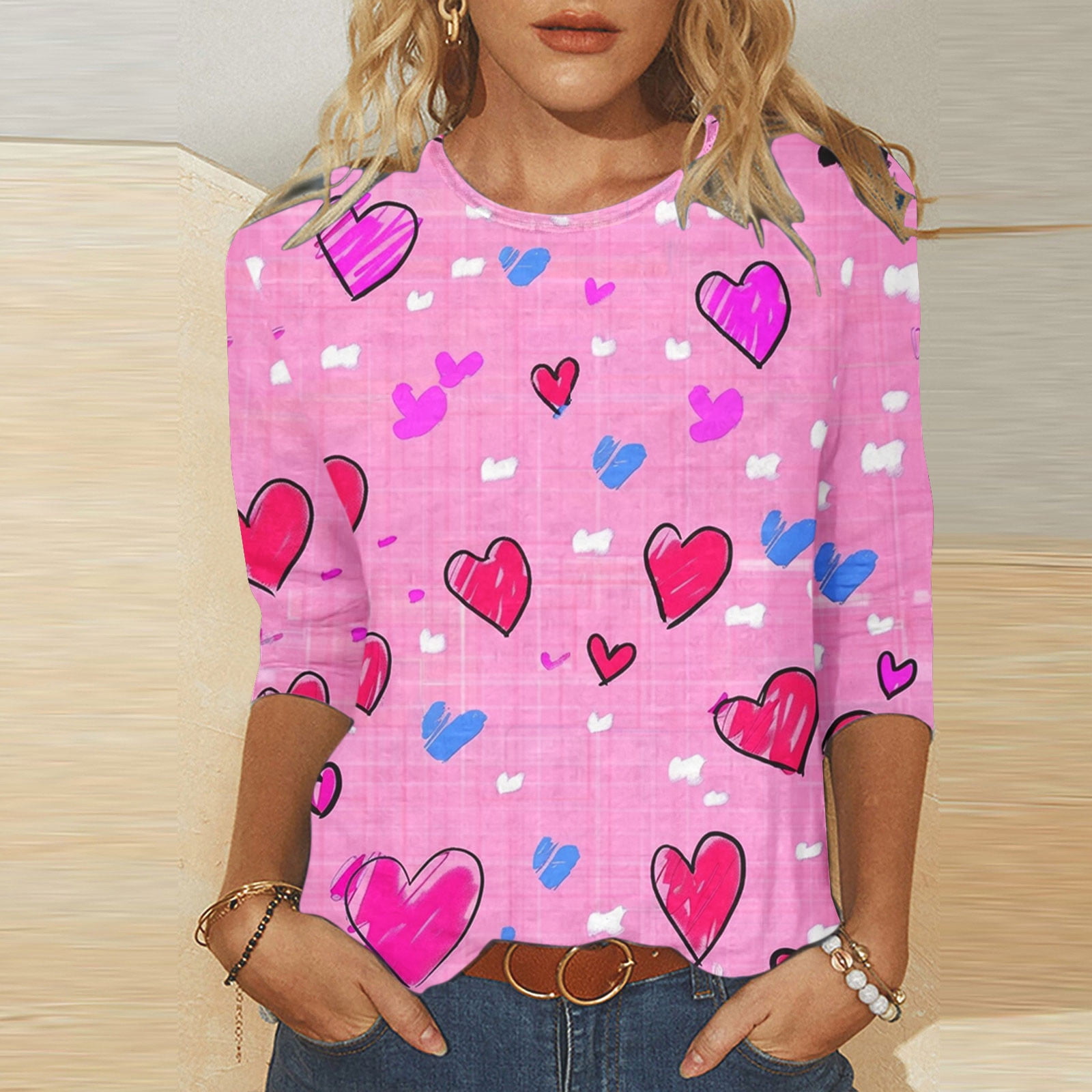 Fartey Valentine's Blouses for Women Plus Size Cute Heart Graphic 3/4 Sleeve Tees Dressy Casual ...