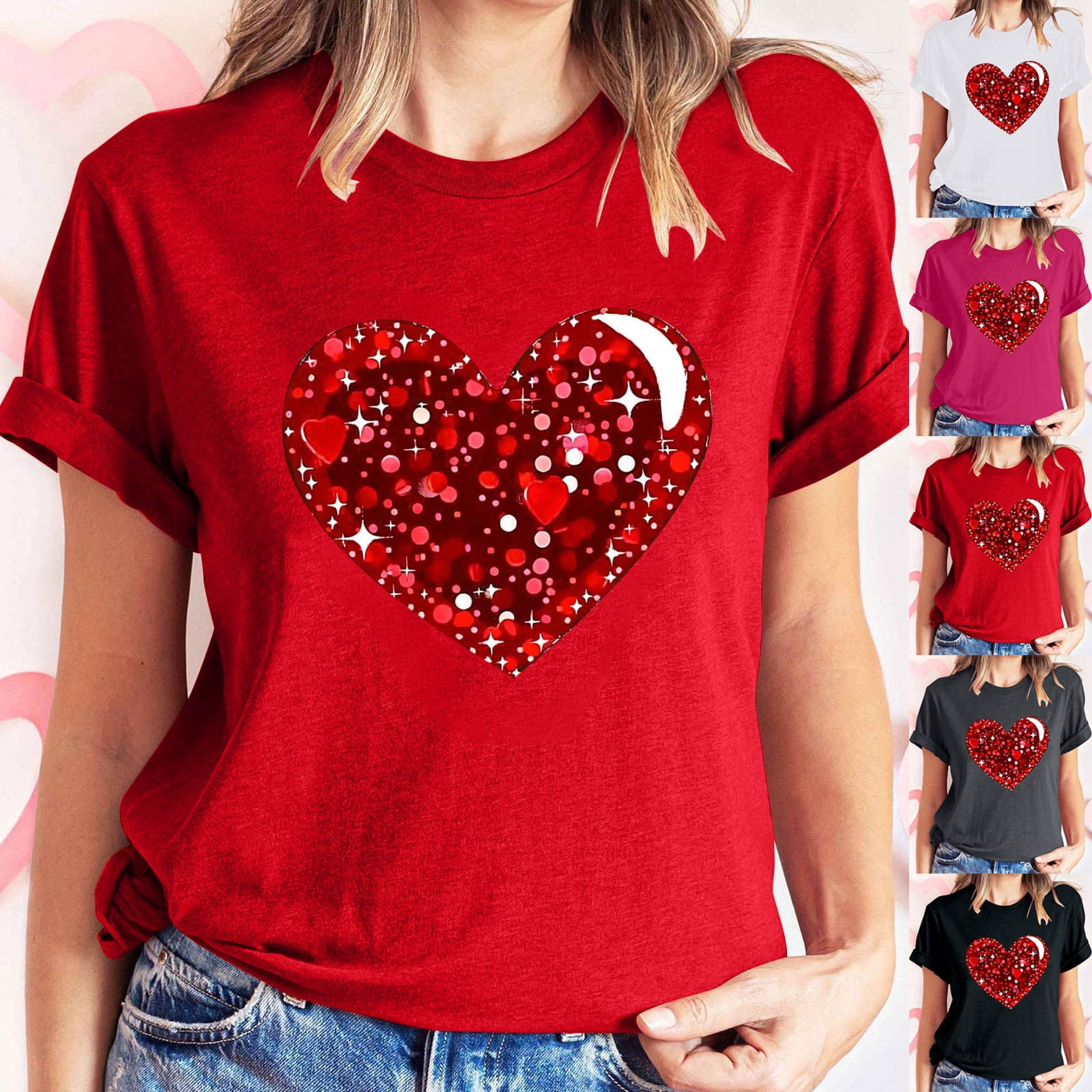 Fartey Valentines Shirts for Women Cute Love Heart Print Short Sleeve T ...