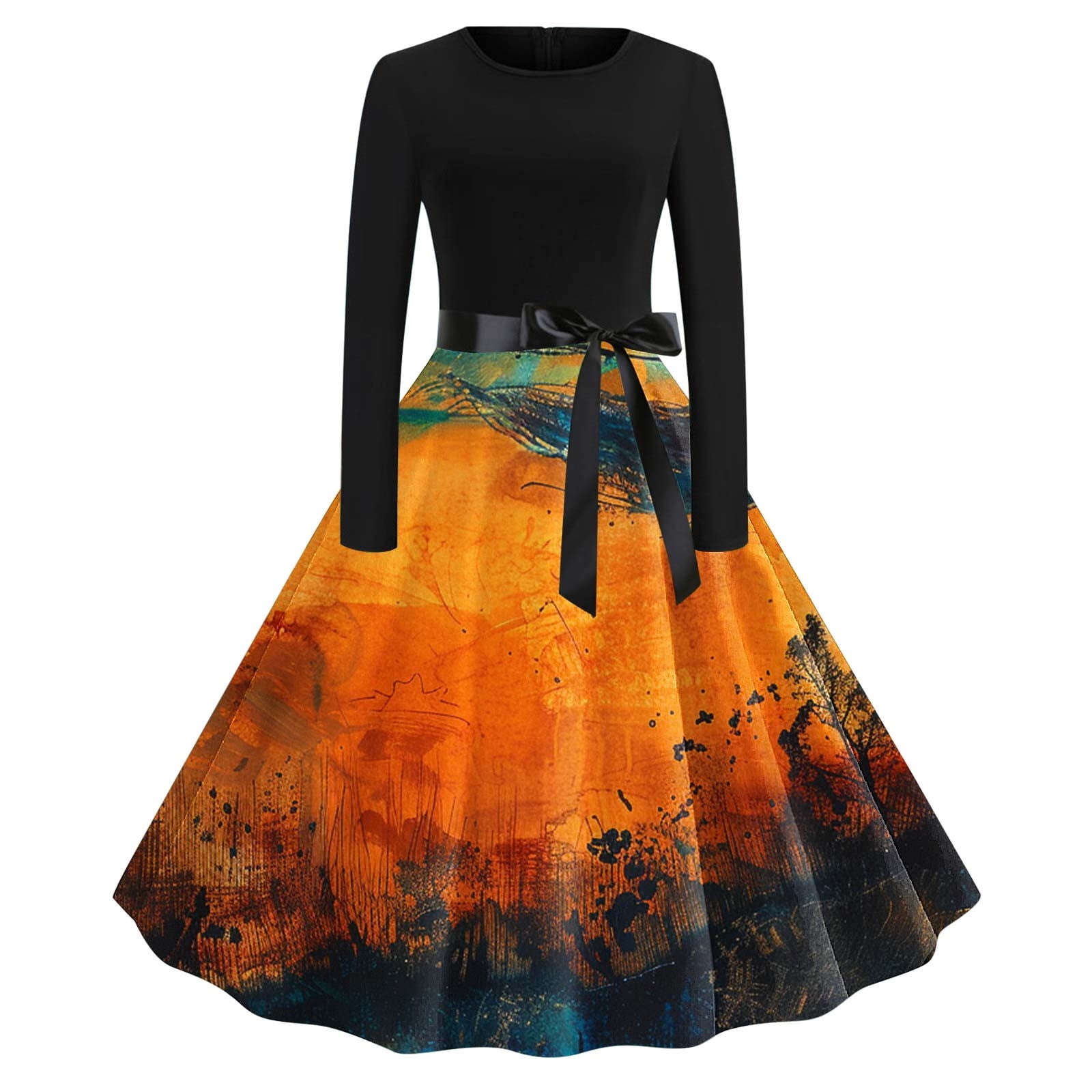 Fartey Women Halloween Midi Dresses Retro Splicing Big Hem Dress ...
