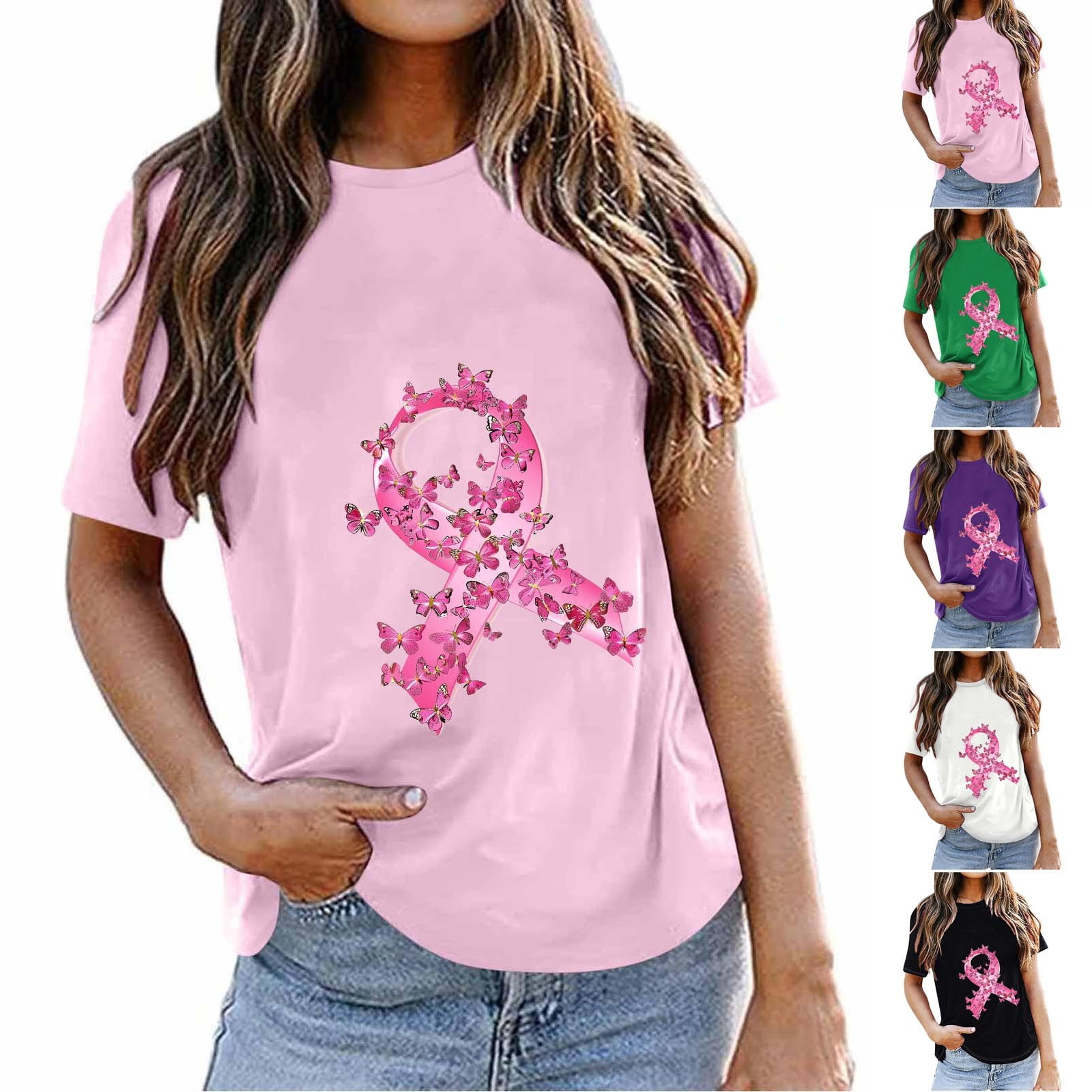 Fartey Women's Breast Cancer Short Sleeve Shirts Loose Comfy Cancer ...