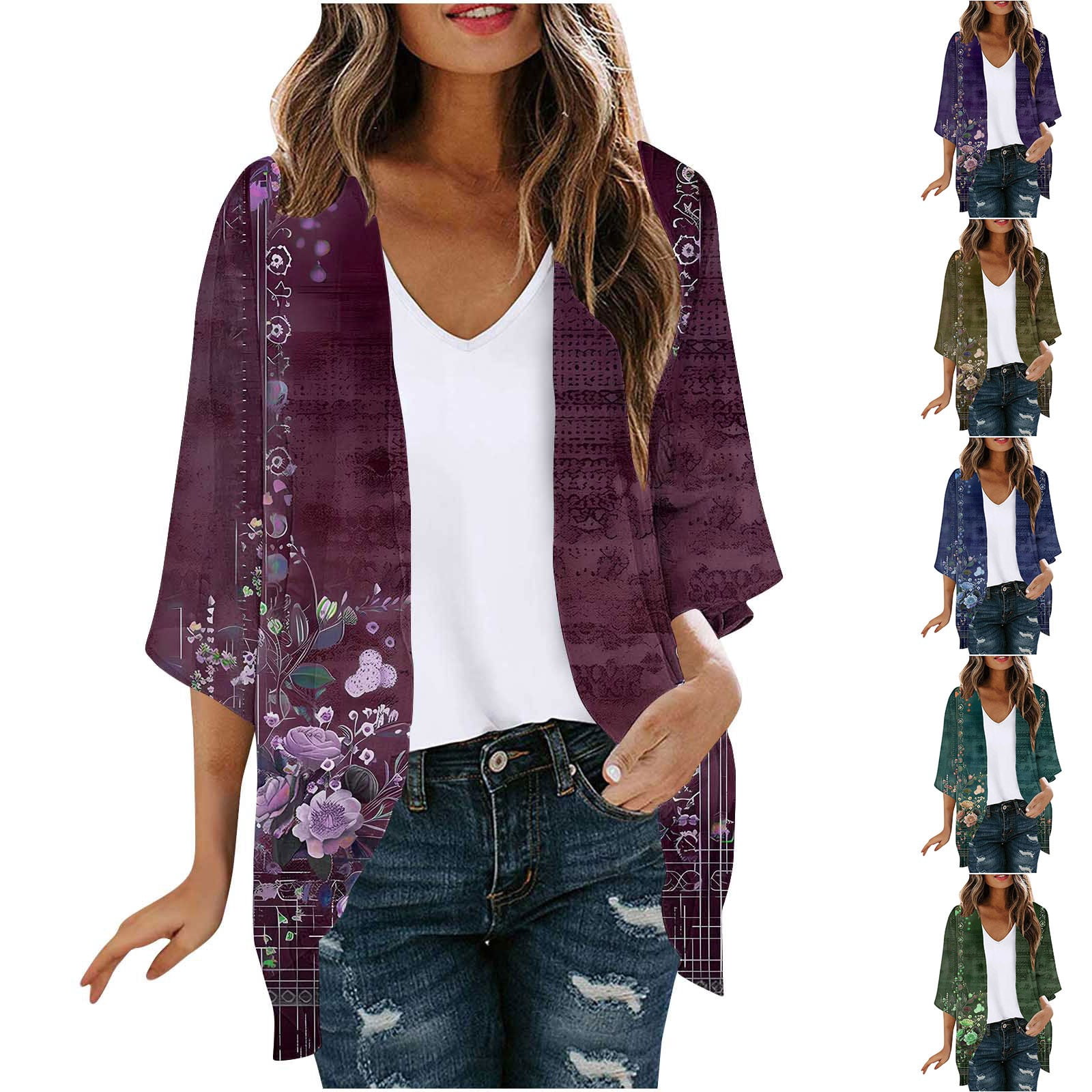 Fartey Women's Chiffon Cardigan Vintage Floral Print Open Front 3/4 ...