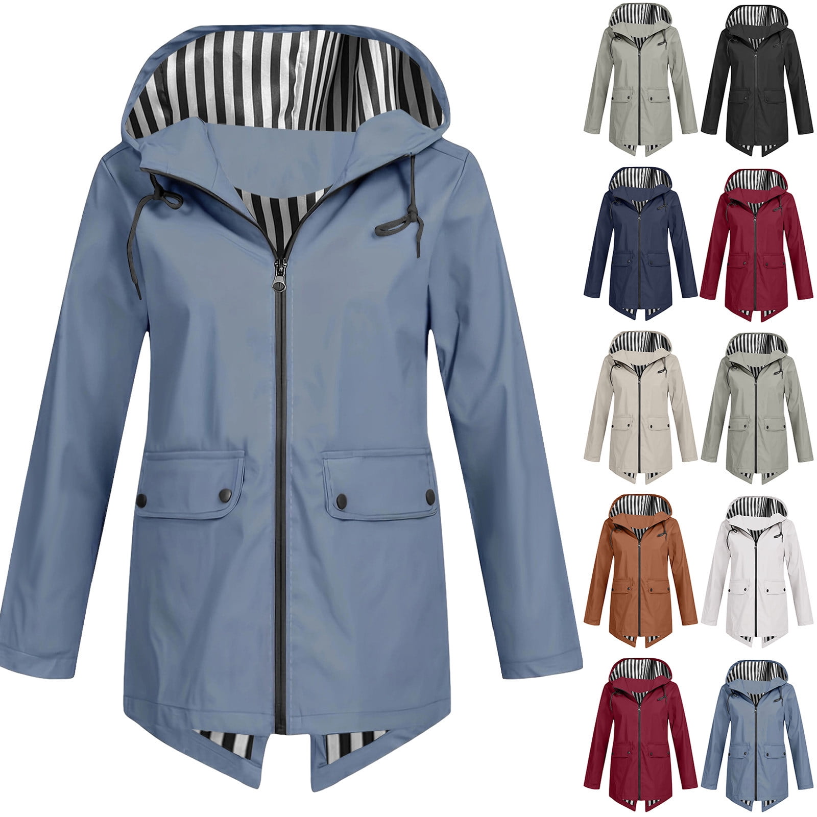 Fartey Women's Long Rain Jacket Striped Lined Hooded Raincoat ...