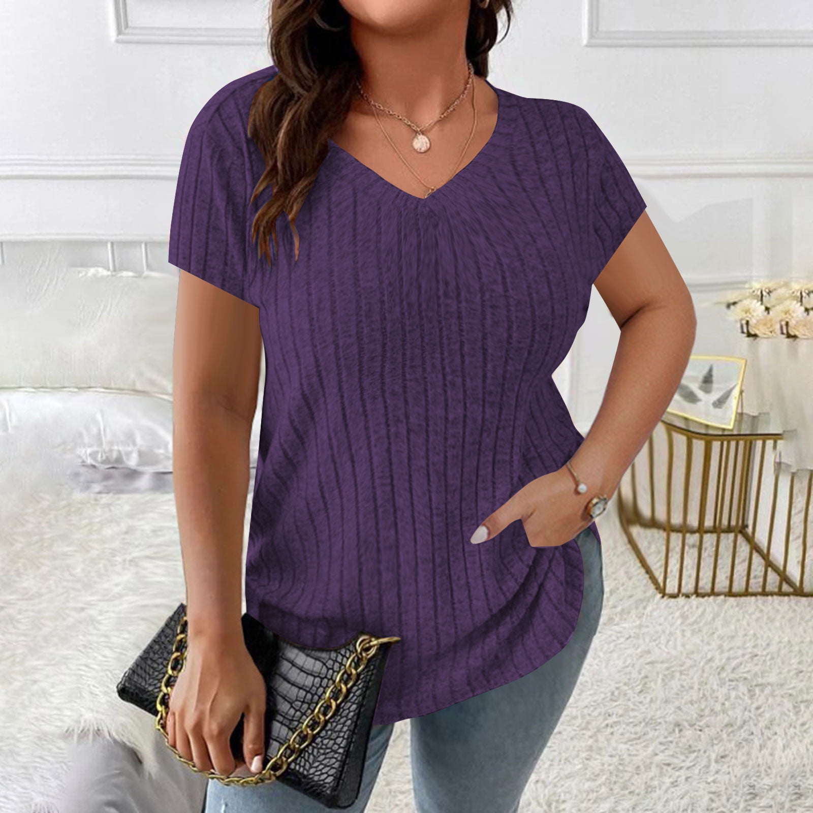 Fartey Women's Plus Size Summer Tops = Ribbed Knit Short Sleeve Shirts ...