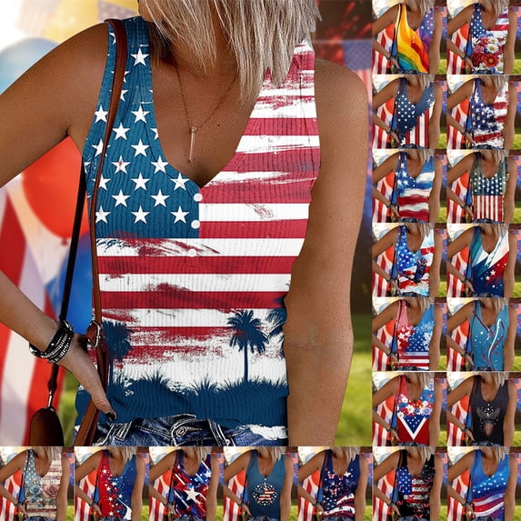 Fartey Women's Ribbed Tank Tops Independence Day Button V Neck ...
