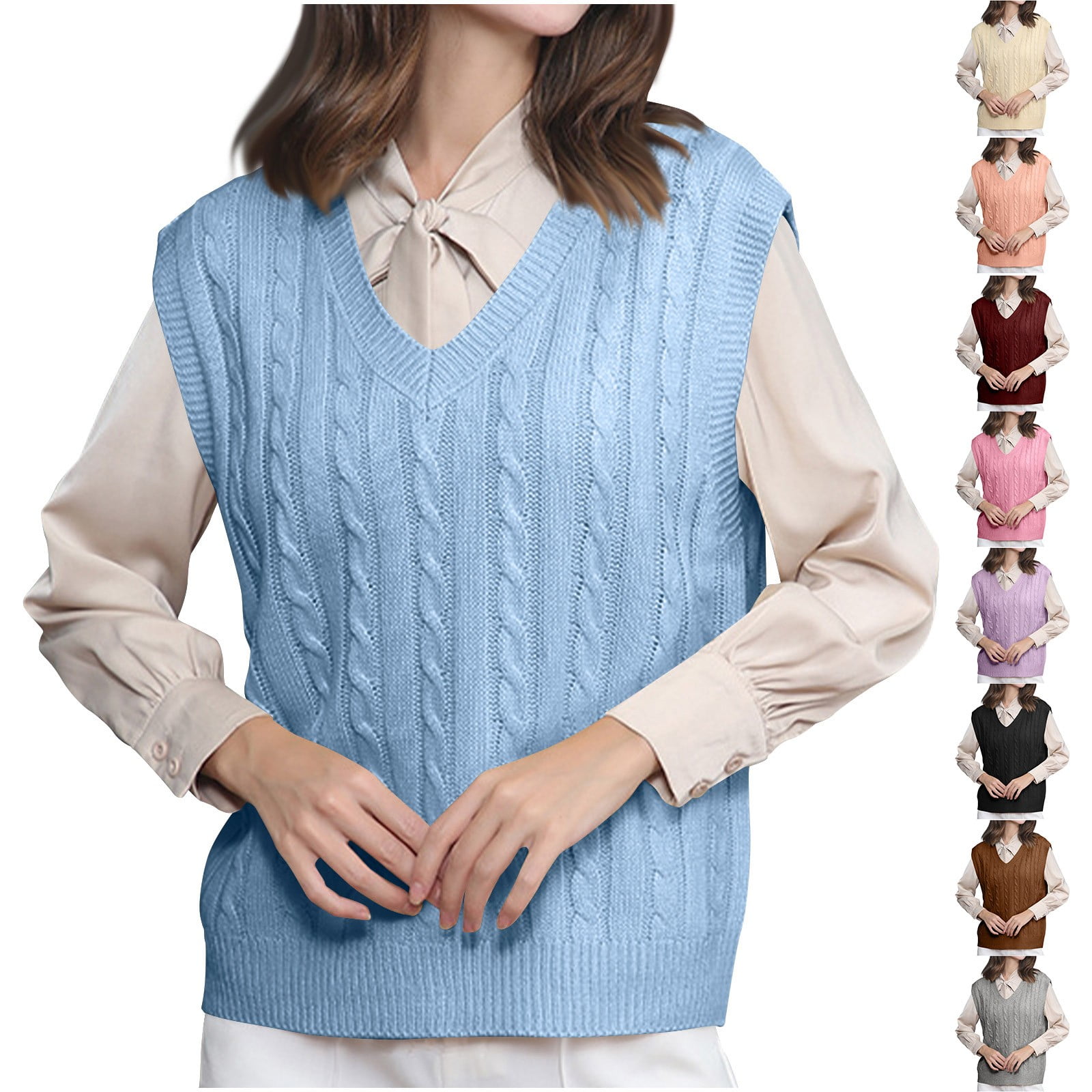 Fartey Women's Sweater Vests Cable Knit Casual V Neck Pullover Tops ...