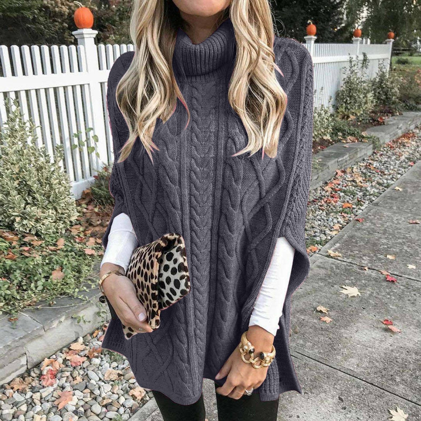 Fartey Women's Turtleneck Poncho Sweater Fall Winter Chunky Cable Knit ...