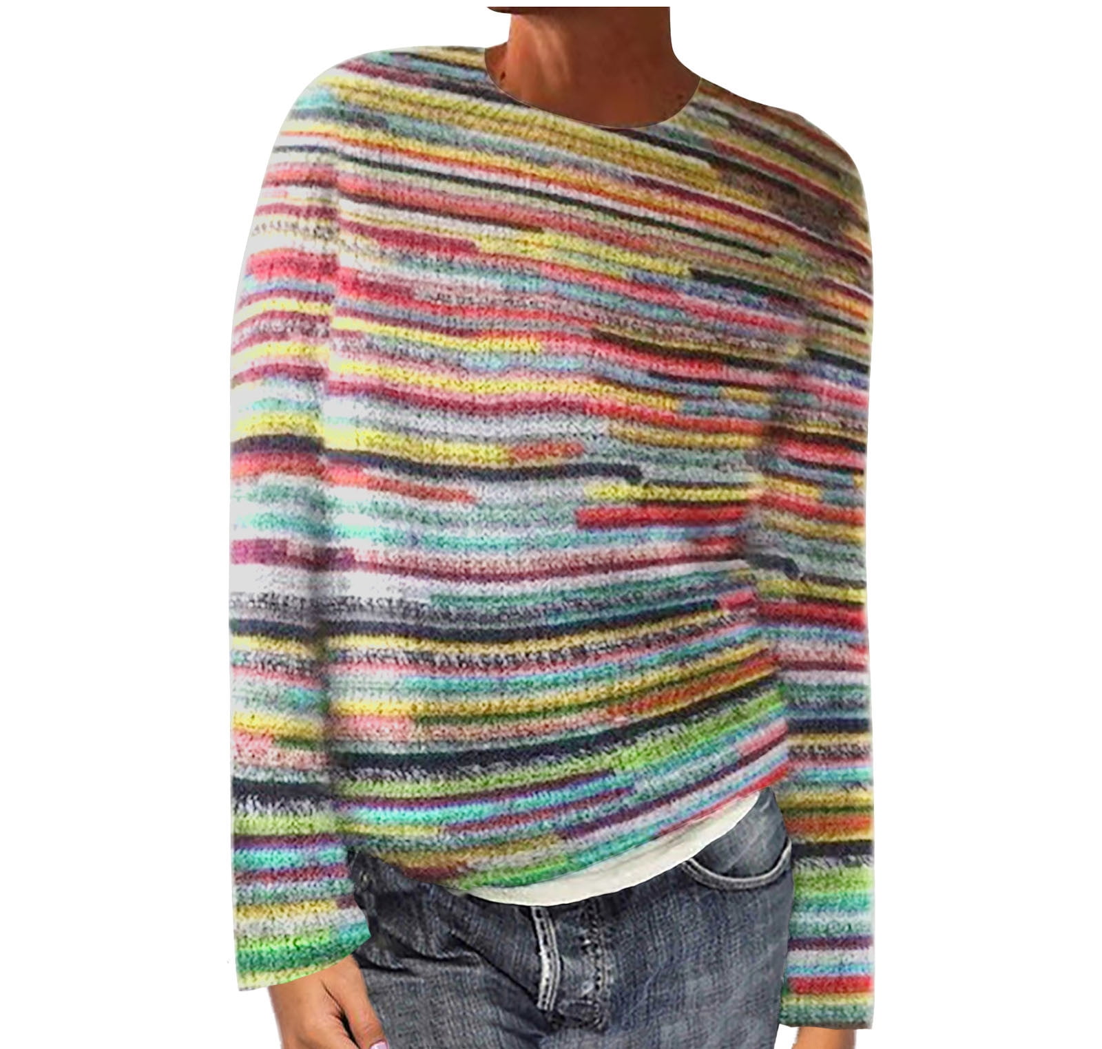 Fartey Womens Colorful Striped Knit Sweater Loose Casual Long Sleeve ...