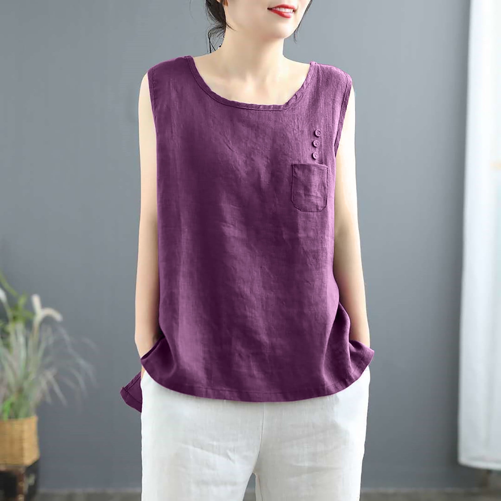 Fartey Womens Cotton Linen Sleeveless Shirts Plus Size Summer Tank Tops with Chest Pocket Solid ...