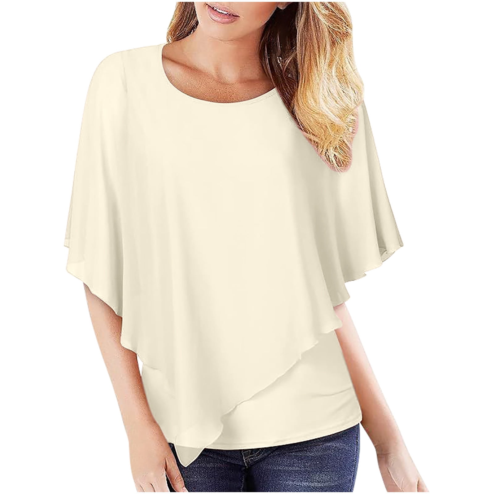 Fartey Womens Double-Layered Chiffon Tops Loose Flowy Batwing Short ...