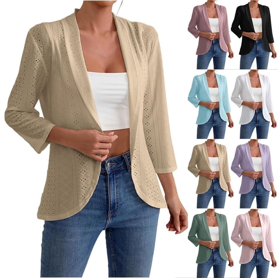 Fartey Womens Eyelet Cardigan 3/4 Sleeve Open Front Lightweight Solid ...