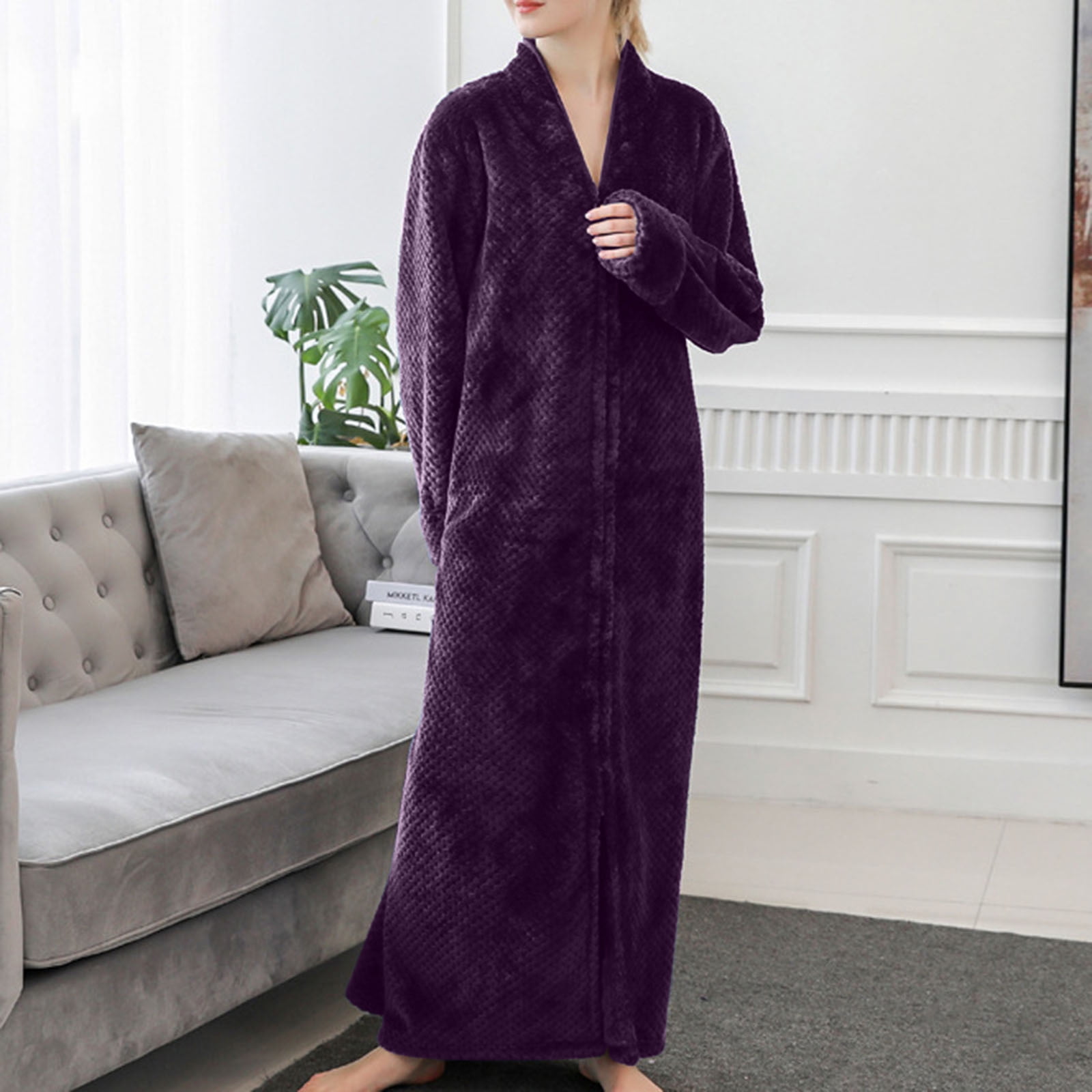 Fartey Womens Fleece Warm Robe with Hooded Soft Comfy Zipper Long Bathrobes Fashion Solid Color ...