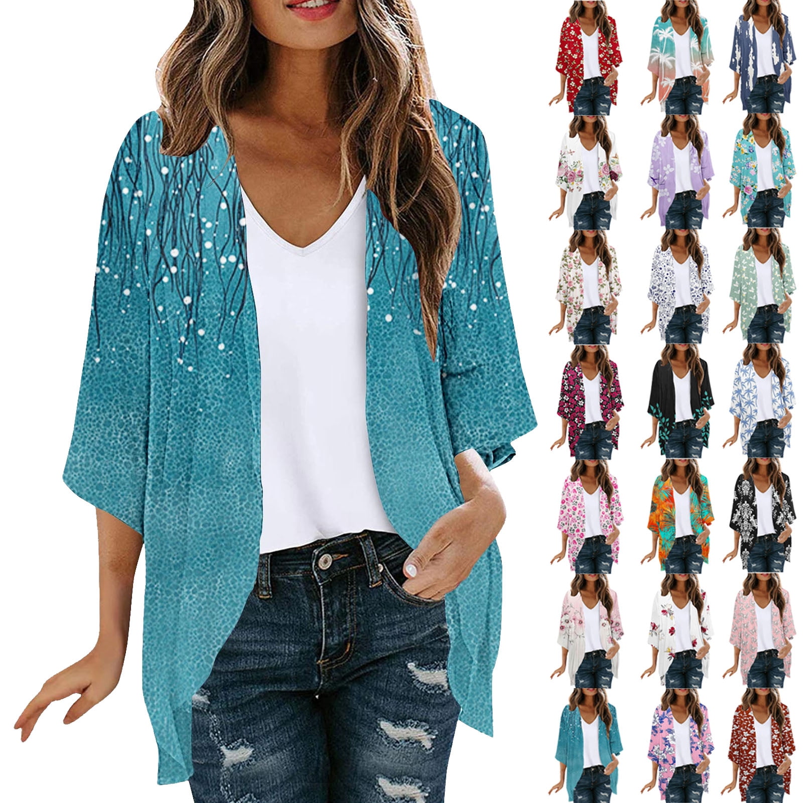 Fartey Womens Floral Print Kimono Cardigan 3/4 Sleeve Open Front Loose ...
