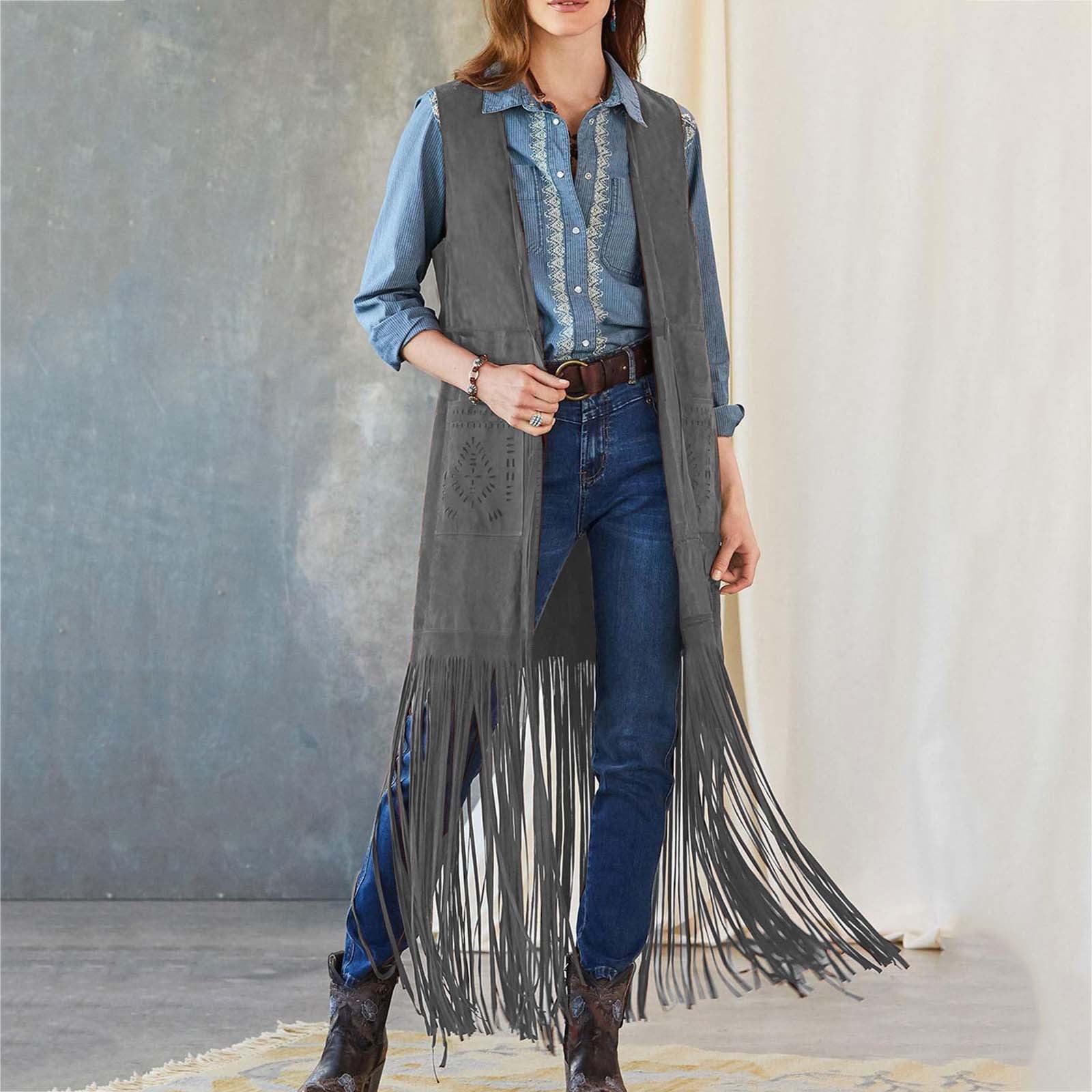 Fartey Womens Fringe Vest 70S Hippie Faux Suede Open-Front Vintage Long ...