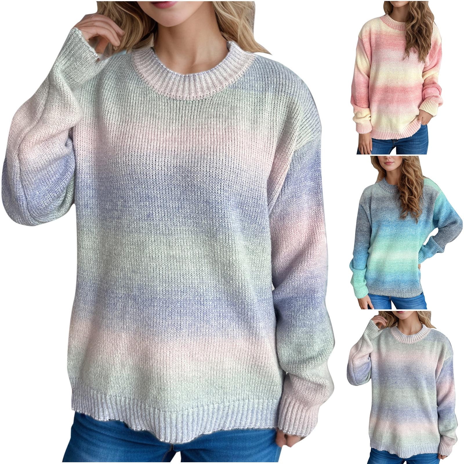 Fartey Womens Gradient Sweater Soft Lightweight Crew Neck Long Sleeve ...